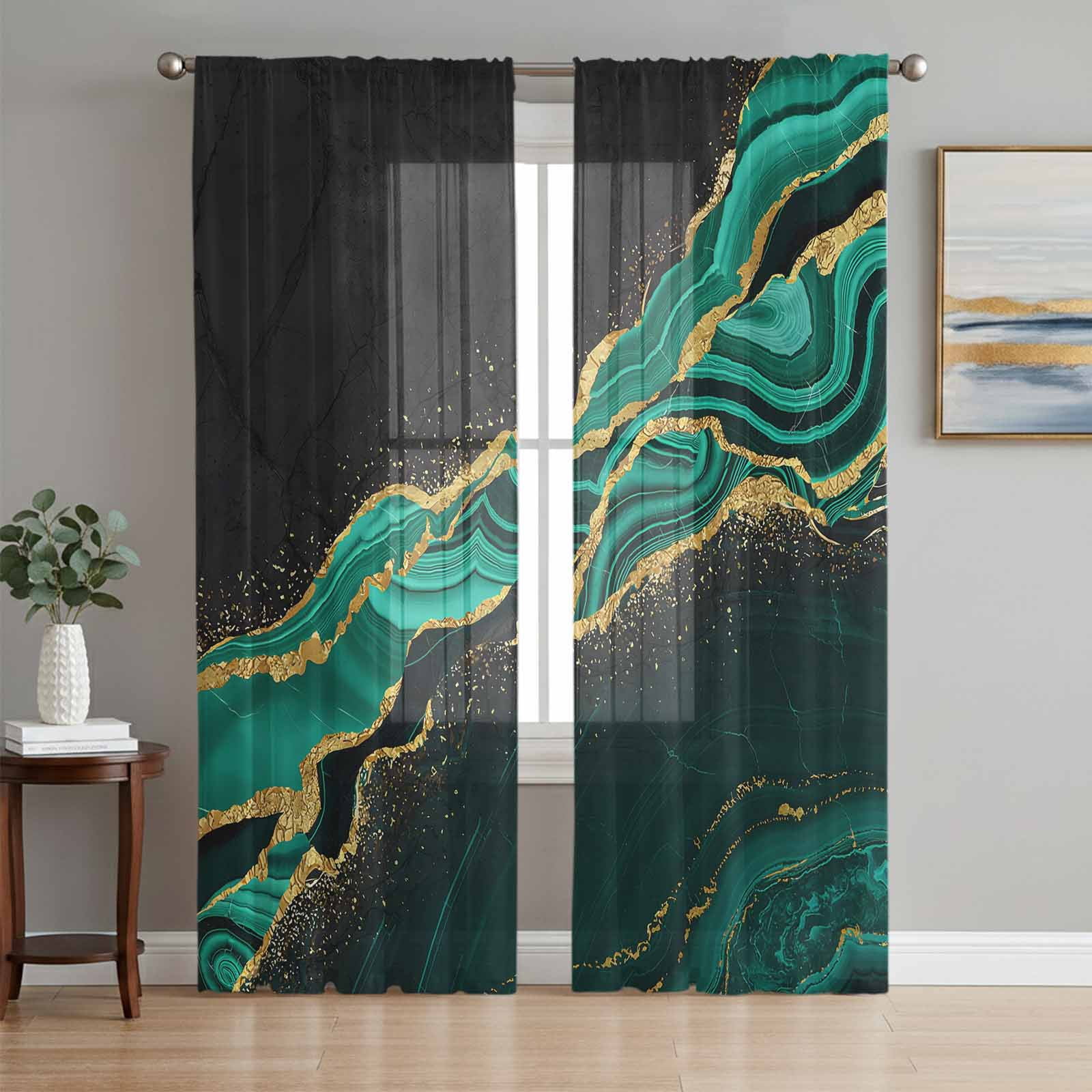 Green Marble Sheer Curtains 96 Inch Length 2 Panels Set, Gold Abstract ...