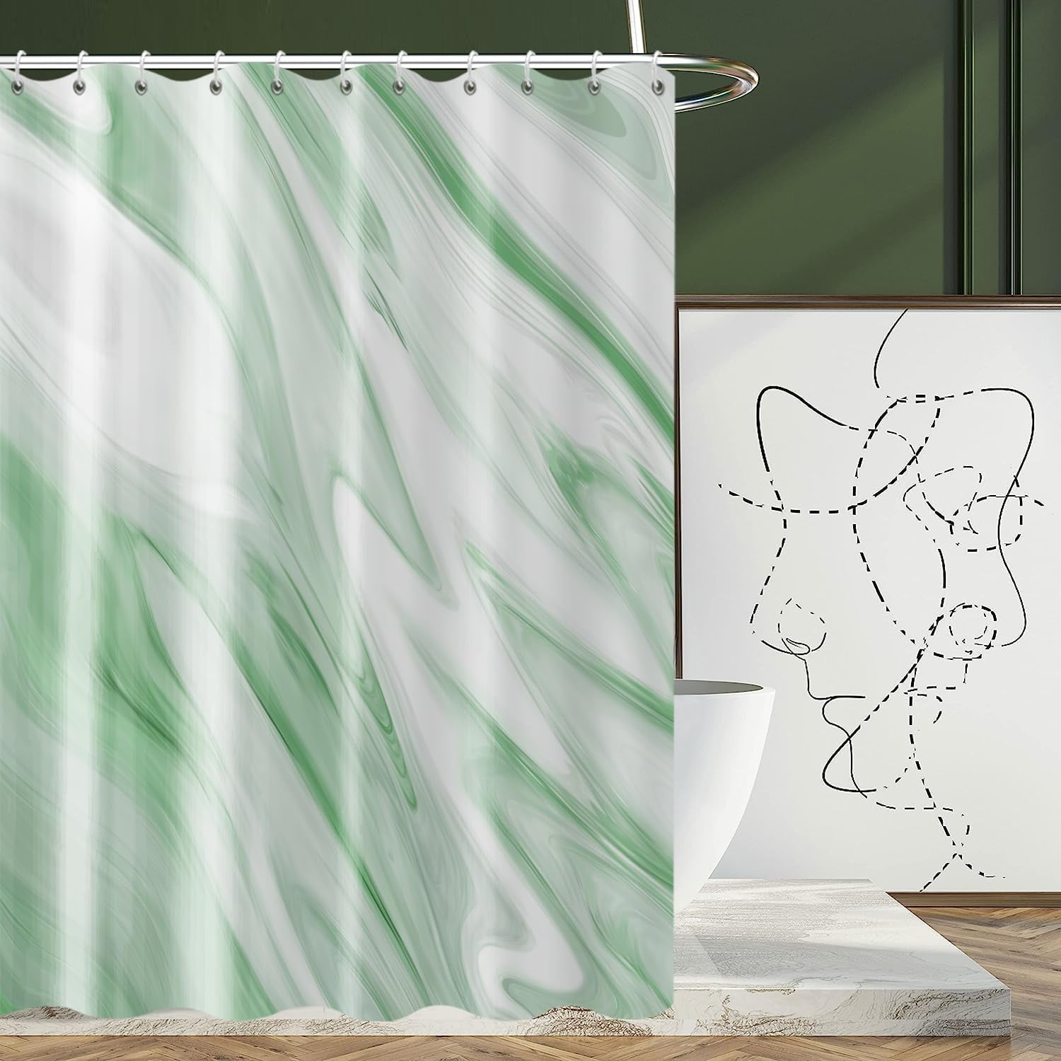 Green Marble Stall Shower Curtain, Light Green Mix White Ombre Modern ...