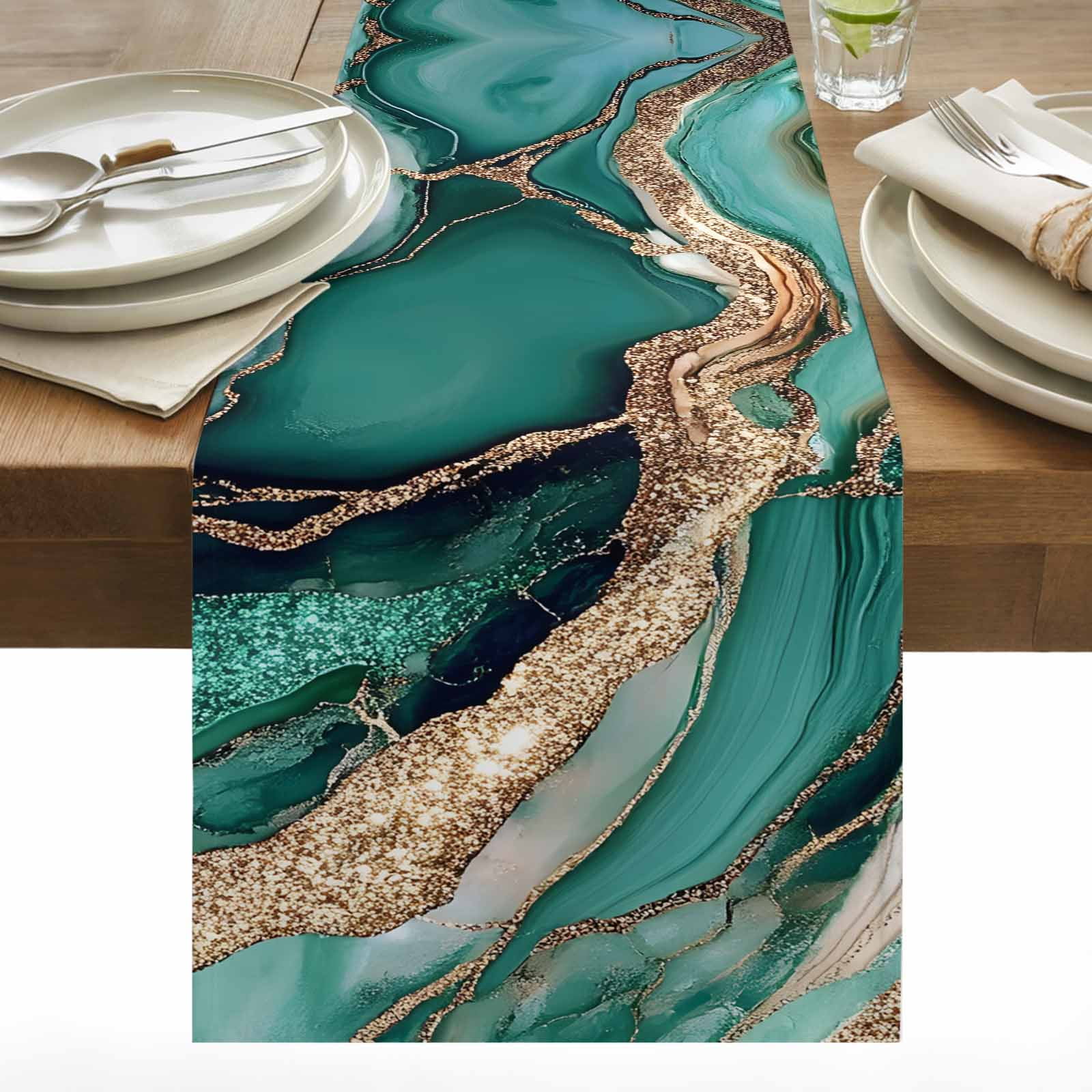 Green Marble Table Runner 13x36 inch Abstract Art Watercolor Crystal ...