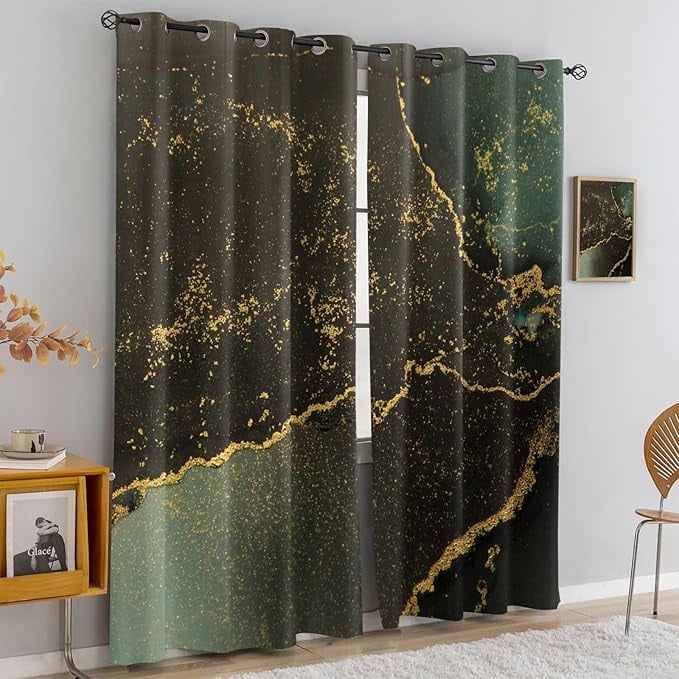 Green Marble Texture Blackout Curtains, Black Gold Dark Green Geometry ...