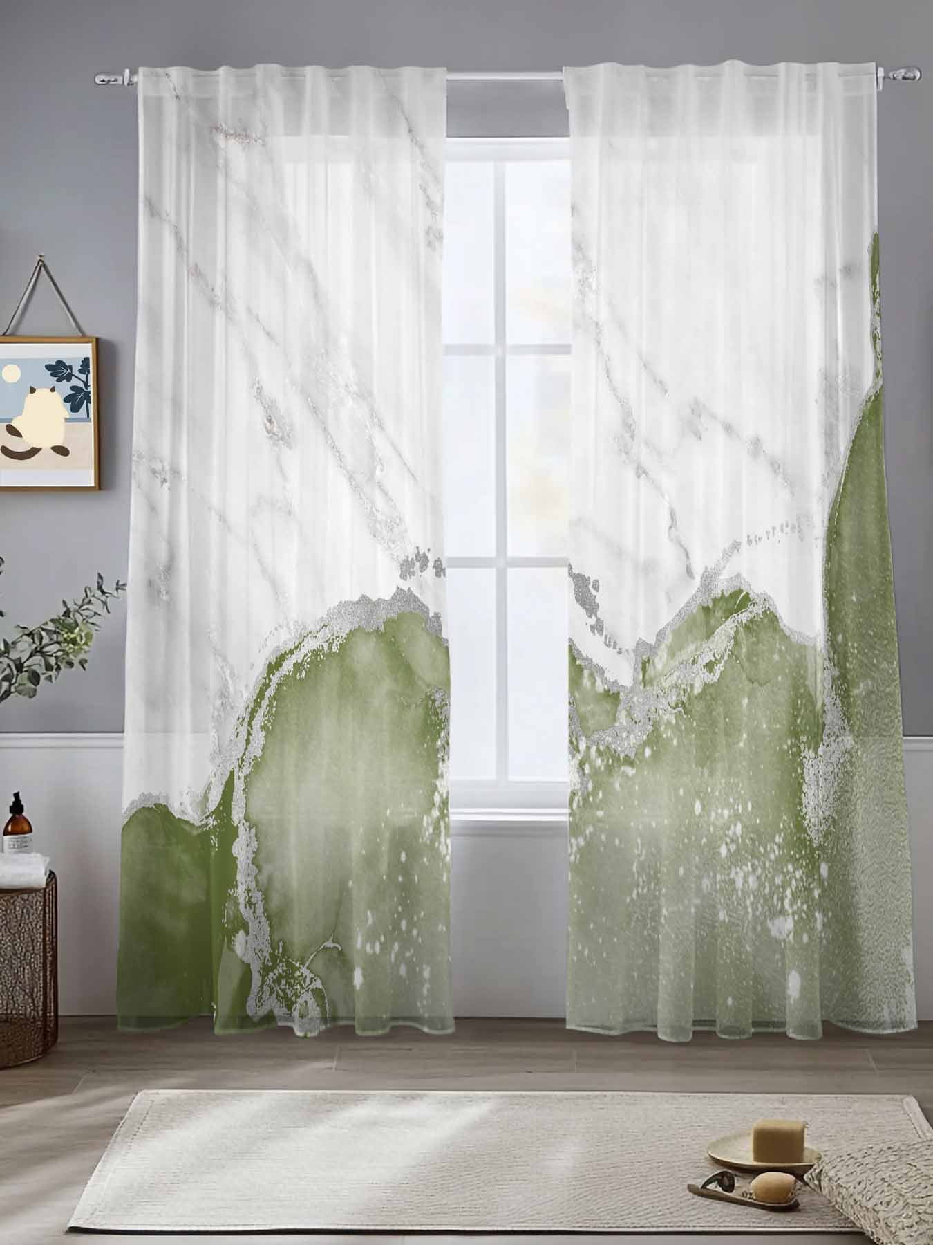 Green Marble Texture Sheer Curtains 108 Inches Long 2 Panels Abstract ...