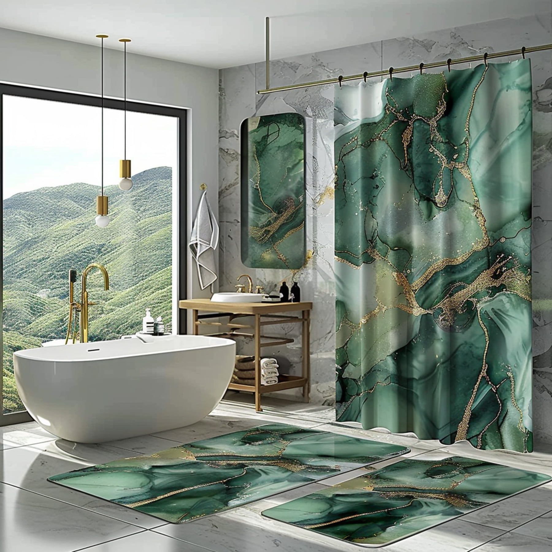 Green Marble Texture Shower Curtain with Gold Veins Modern Contemporary ...