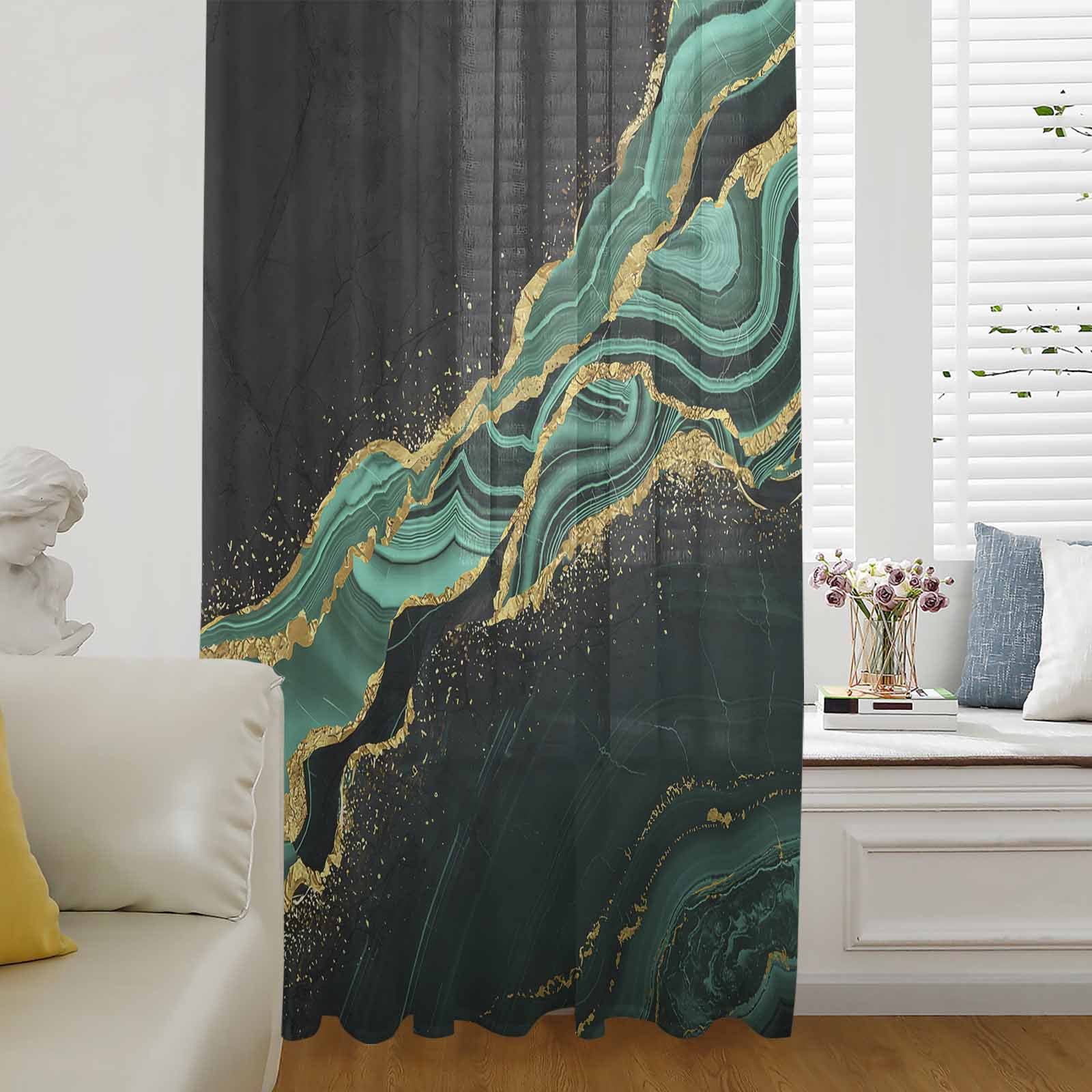 Green Marble Window Curtain 72 Inches Long,Gold Abstract Vintage Modern ...