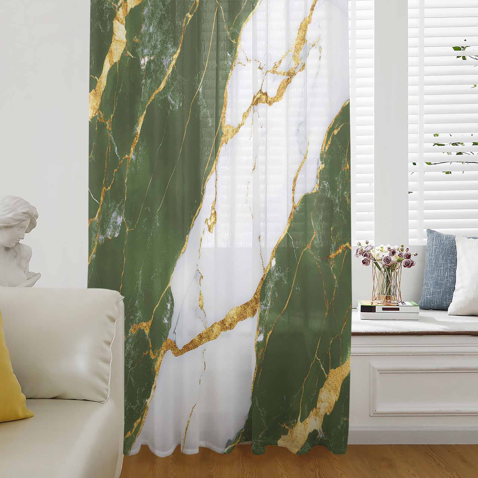 Green Marble Window Curtain 84 Inches Long,Luxury Gold White Abstract ...
