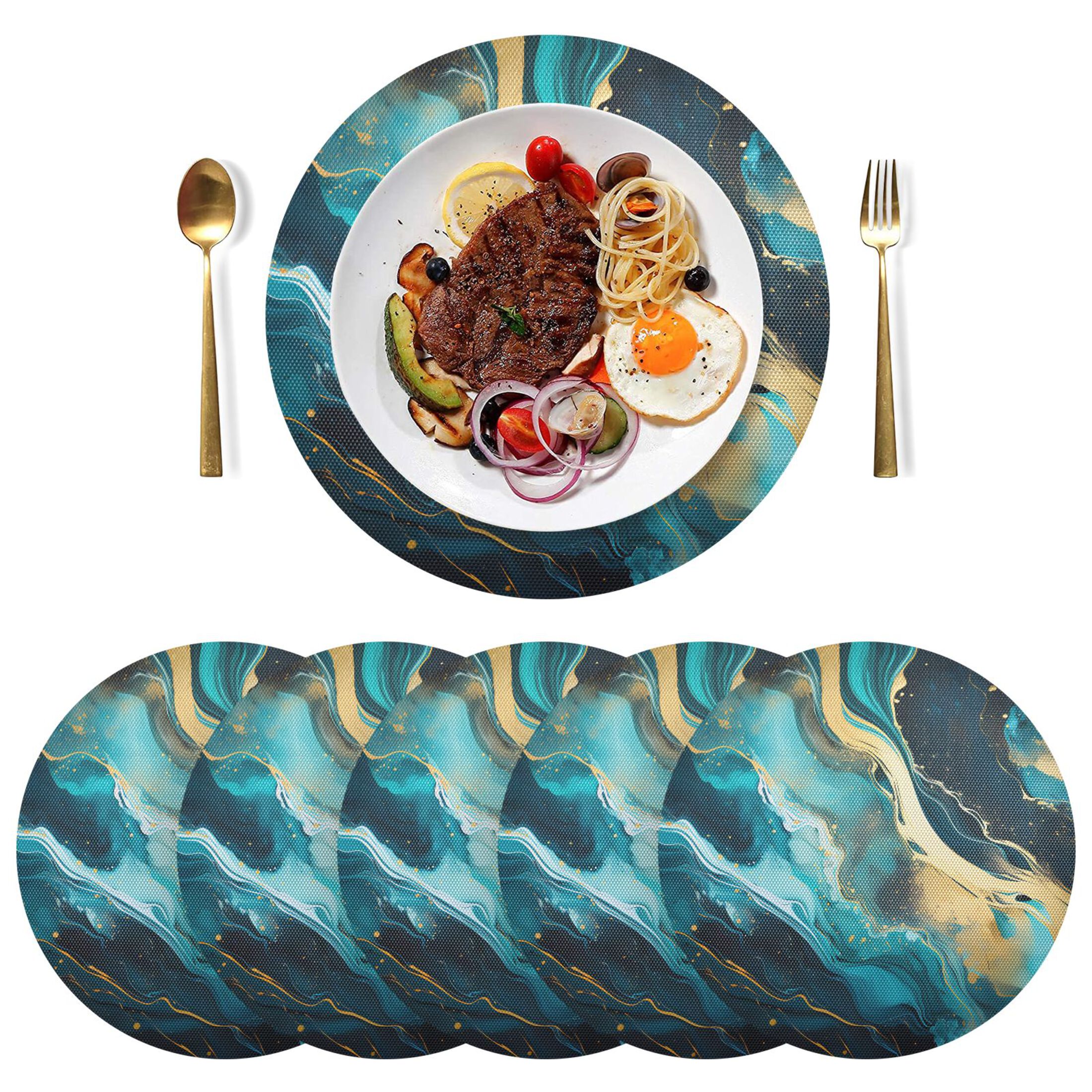 Green Marble and Golden Round Plate Mats Non-Slip Place Mat Washable ...