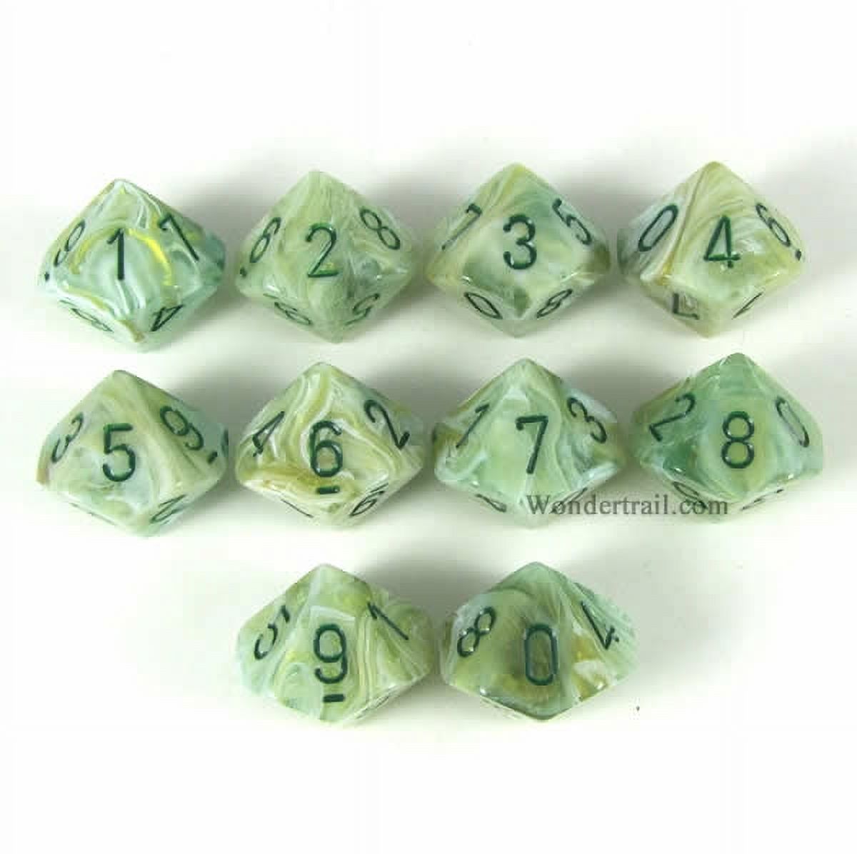 Green Marbleized Dice with Green Numbers D10 16mm (5/8in) Pack of 10 ...