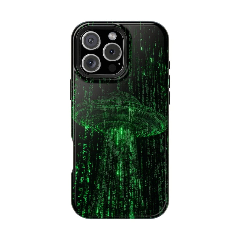 Green Matrix Code with UFO Spaceship Futuristic Digital Artwork Phone ...