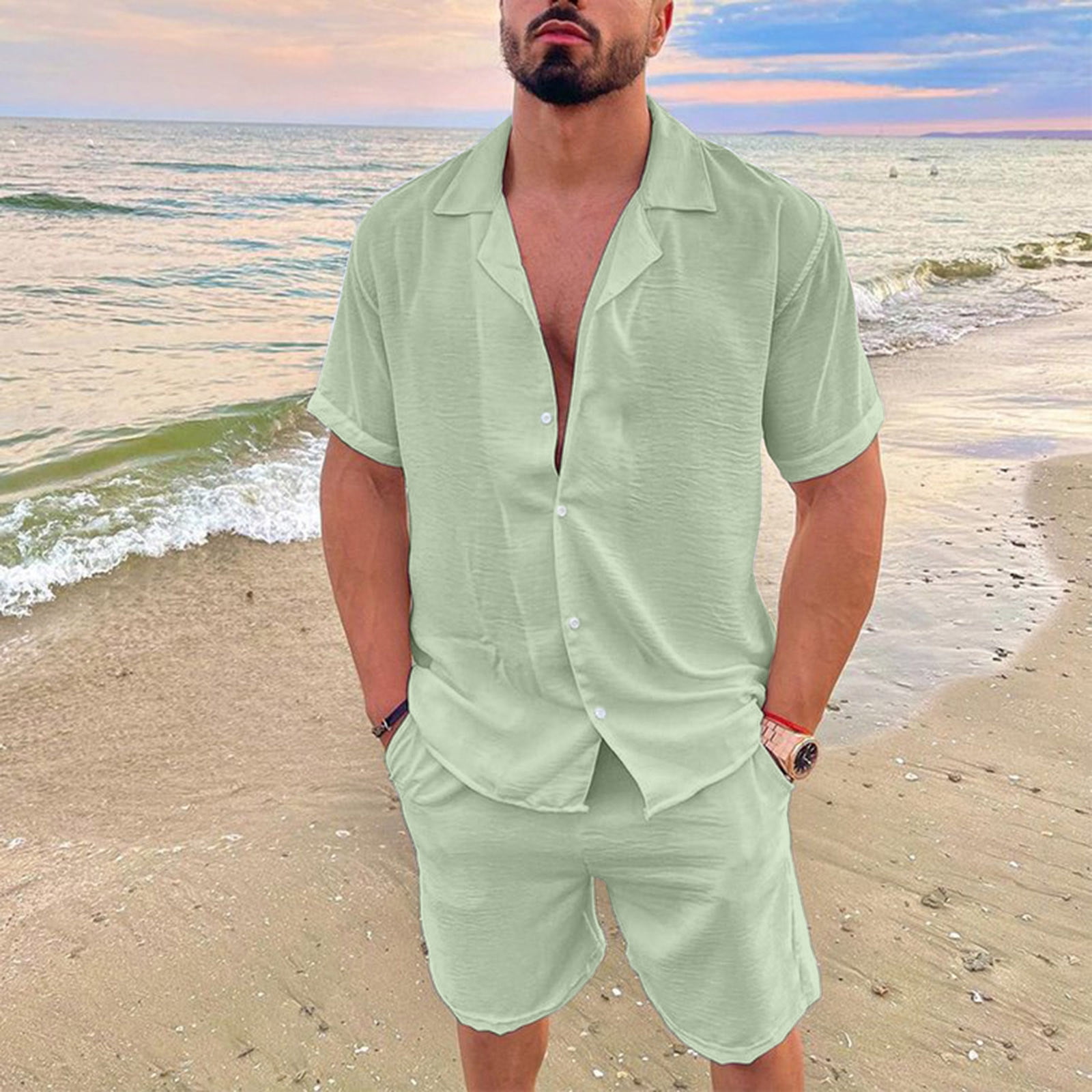 Green Mens Suits Men Spring Summer 2 Pieces Beach Short Sleeve Linen ...