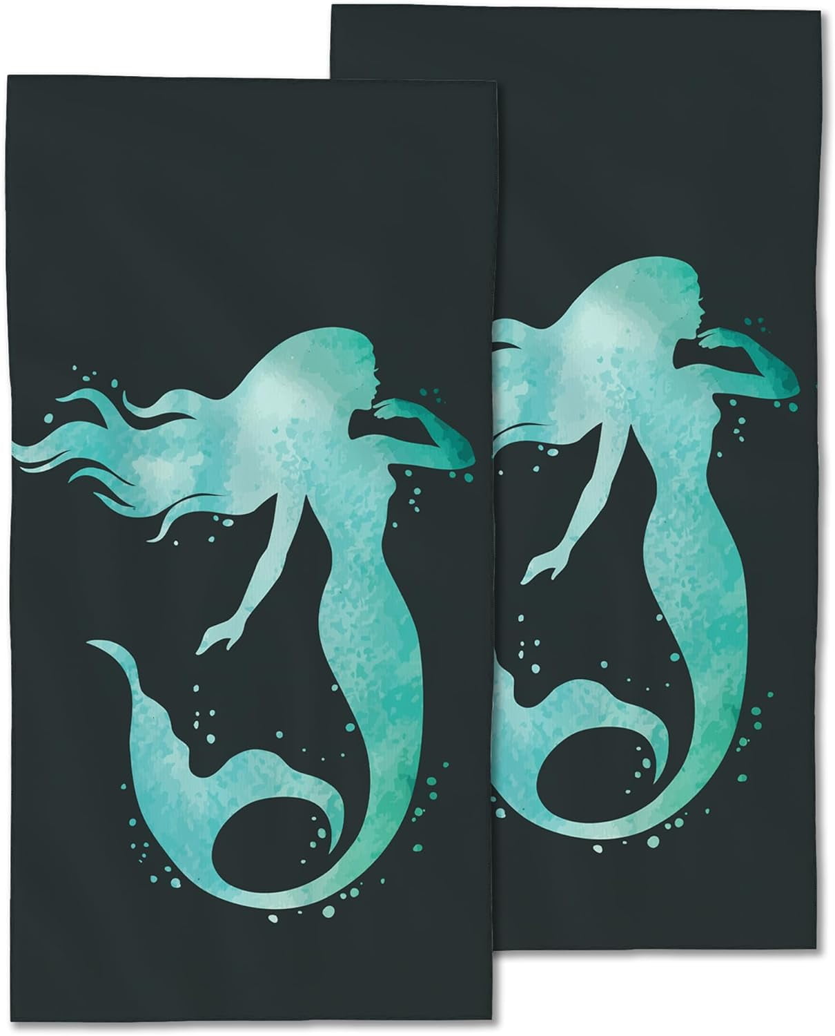 Green Mermaid Hand Towels Set of 2, Summer Sea Fish Underwater Marine ...