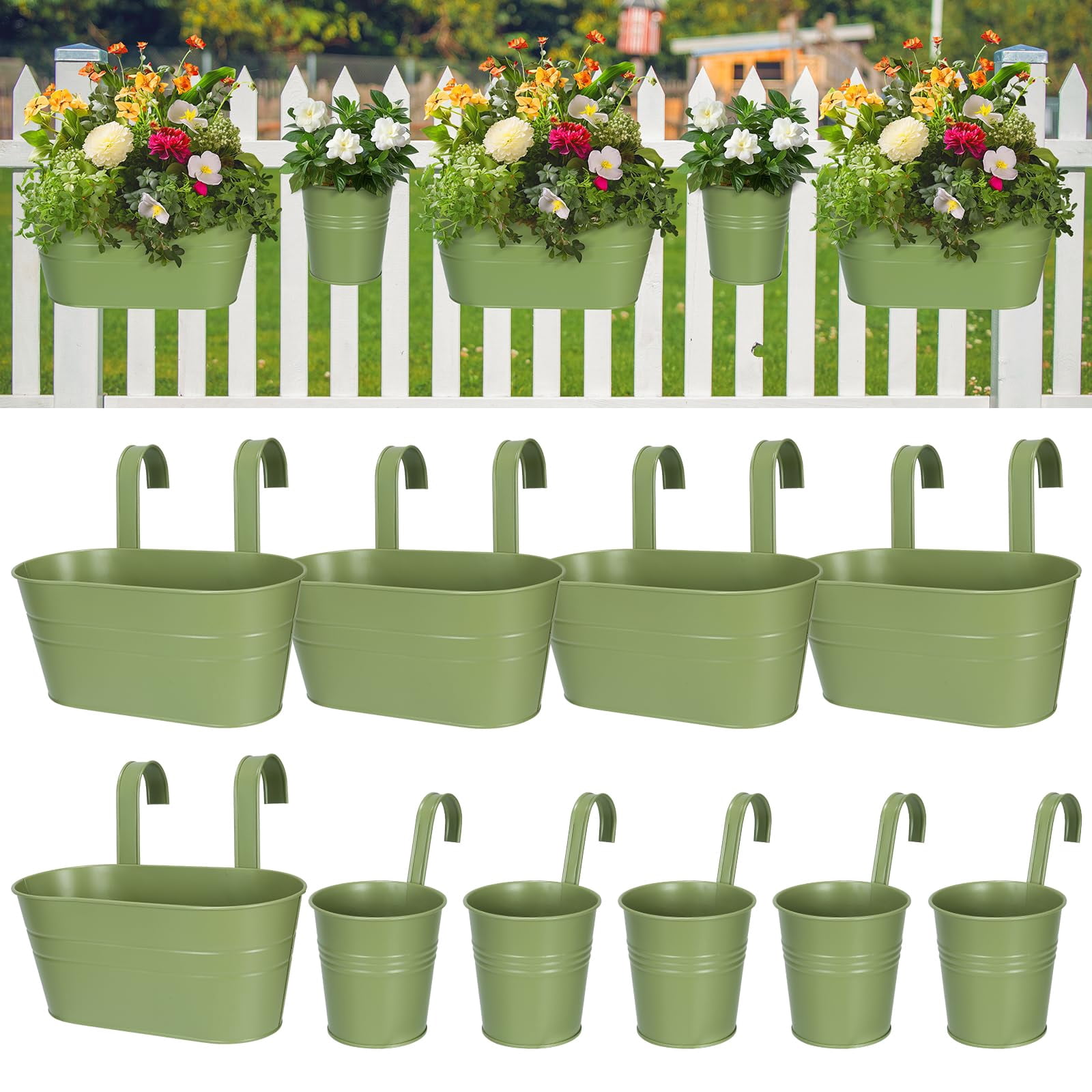 Green Metal Iron Rail Planter Set 5-Piece Hanging Balcony Fence Decor ...