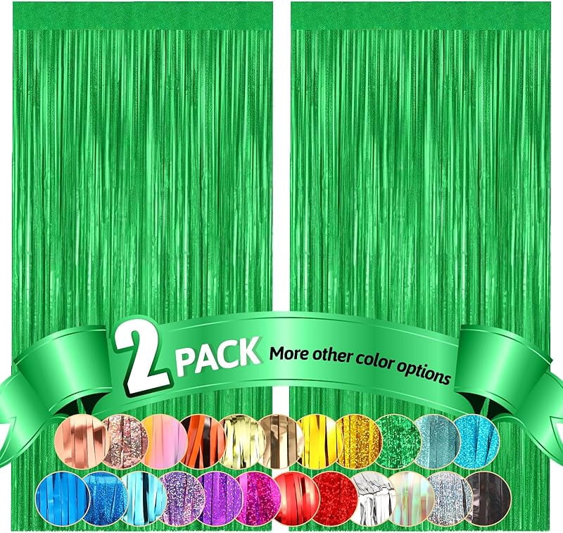 Green Metallic Tinsel Foil Fringe Curtains Backdrop 2Pack 3.3x8.3Ft ...