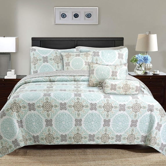 Green Mint Grey Modern Medallion Damask Reversible Quilt Bedding Set ...