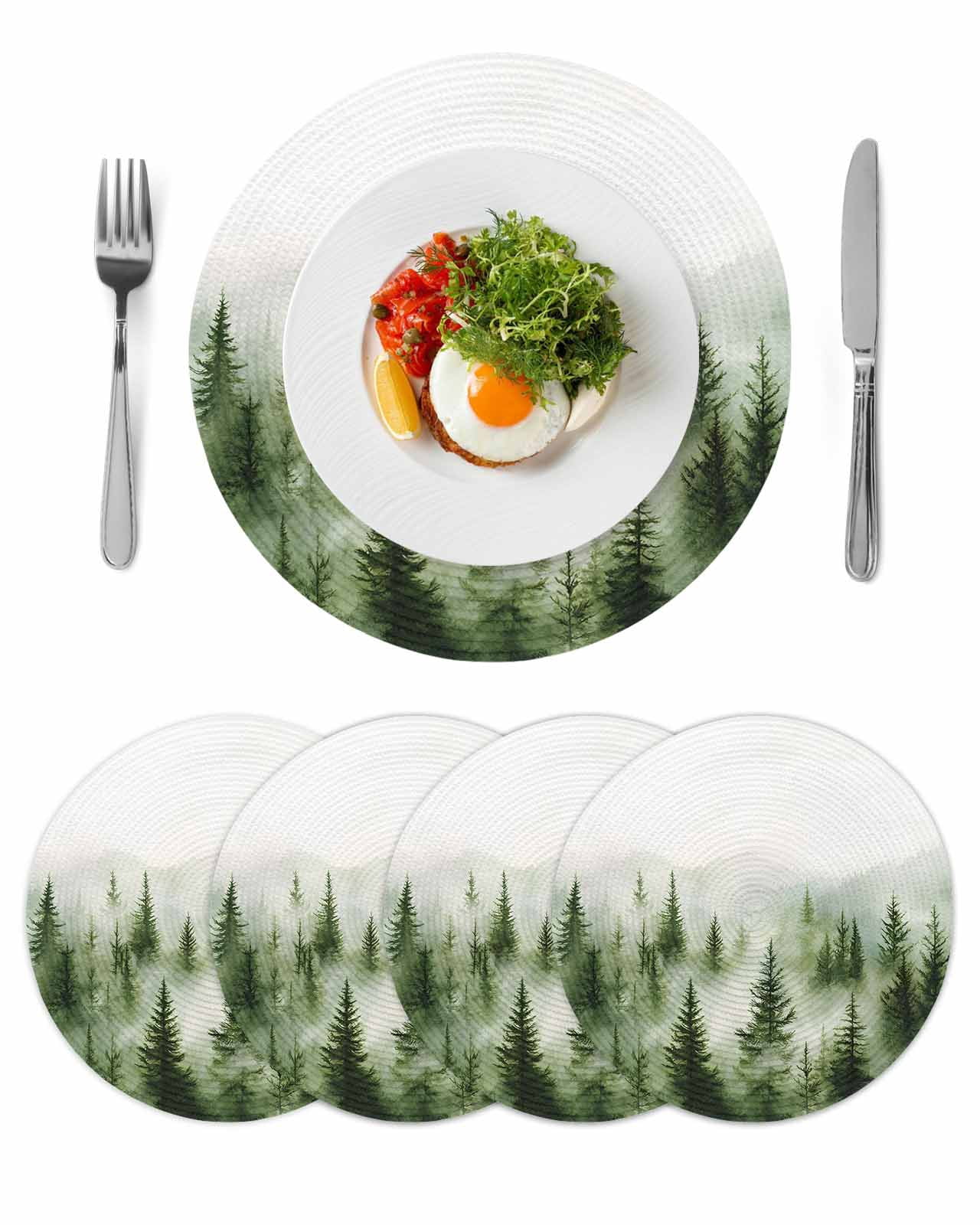 Green Mist Forest Round 15 Inch Placemats Set of 4, Foggy Mountain Tree ...