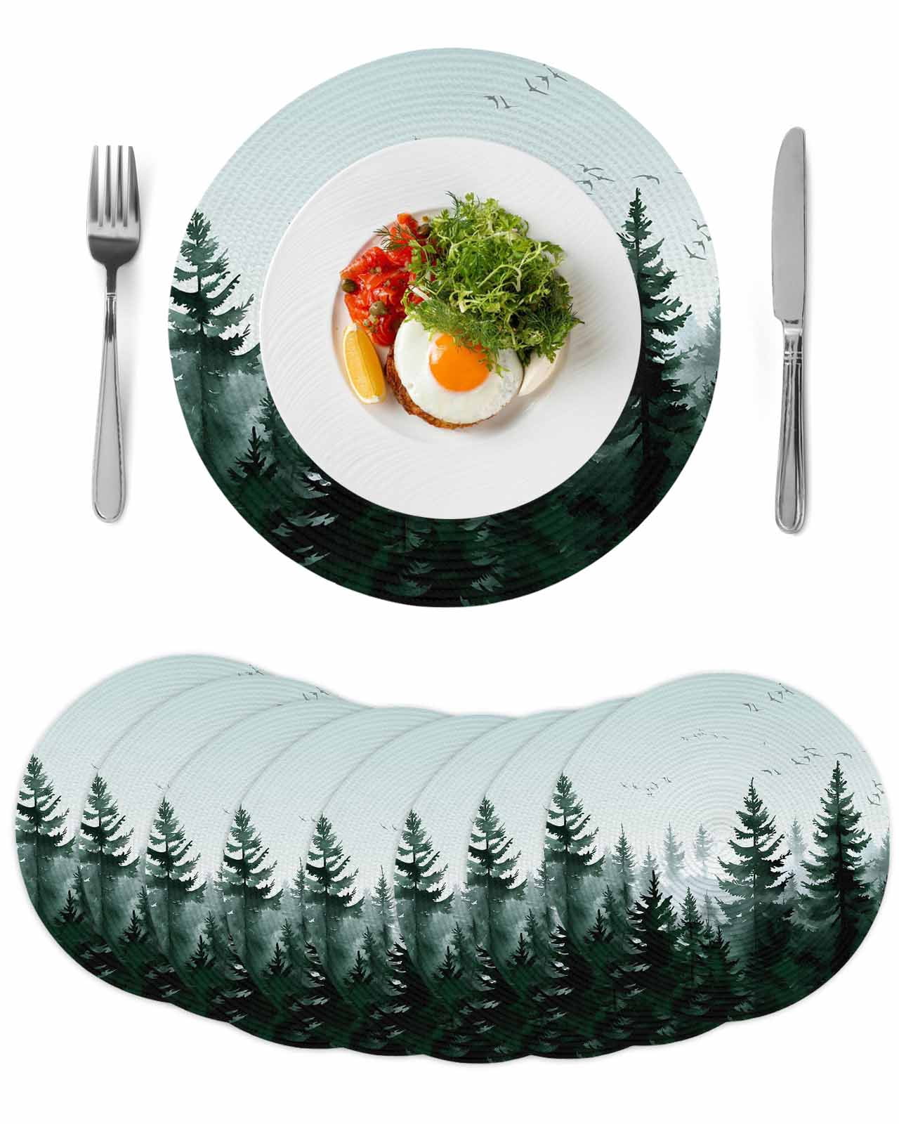Green Mist Forest Round 15 Inch Placemats Set of 8, Farmhouse Trees ...