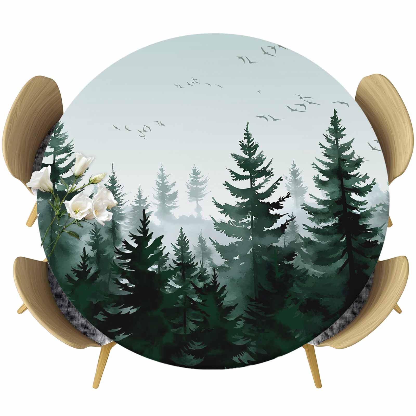 Green Mist Forest Round Tablecloth, Fitted Table Cover with Elastic for ...