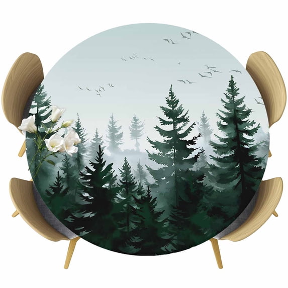 Green Mist Forest Round Tablecloth, Fitted Table Cover with Elastic for ...