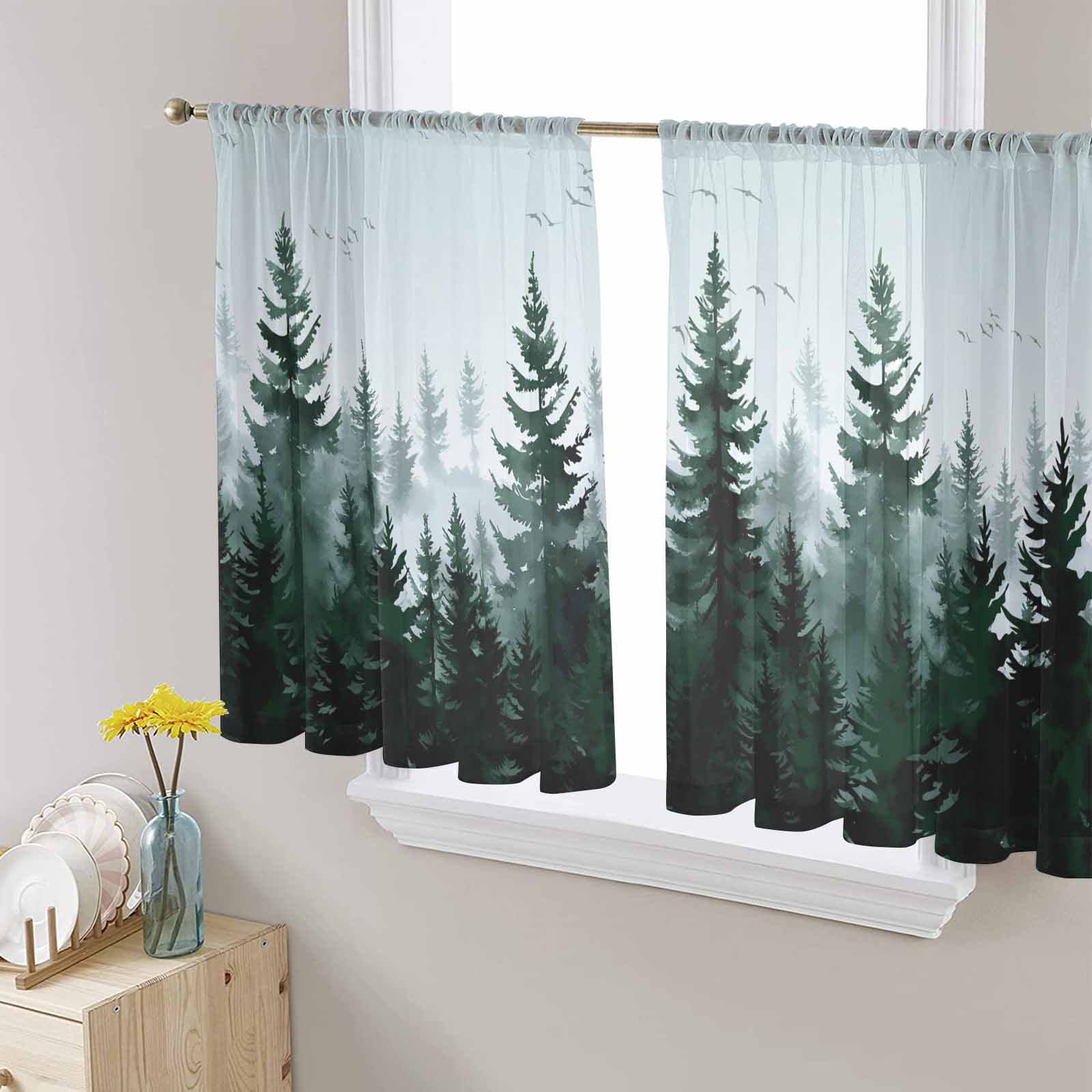 Green Mist Forest Sheer Curtains 54 Inch Length 2 Panels Set for Living ...
