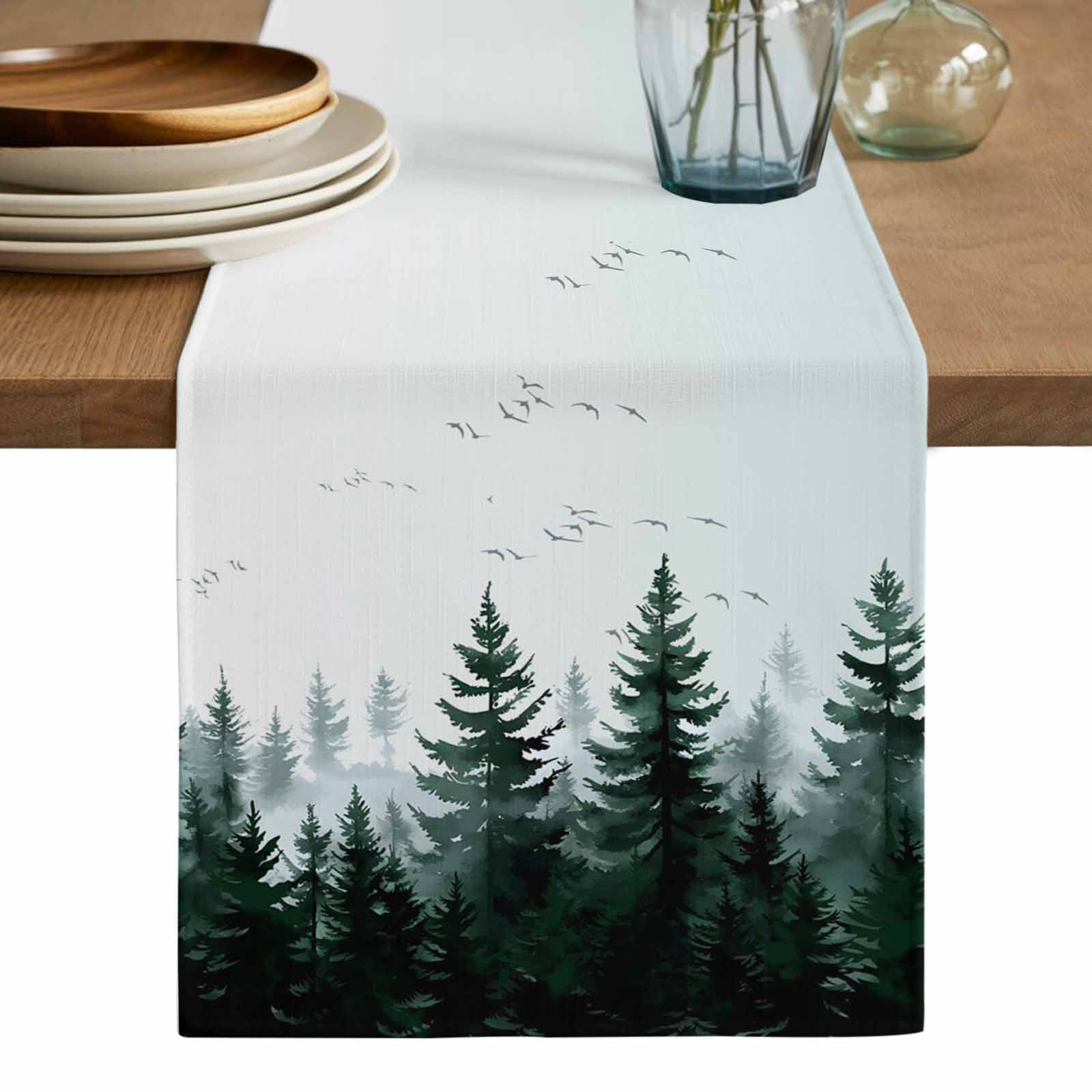 Green Mist Forest Table Runner, Farmhouse Trees Nature Landscape ...