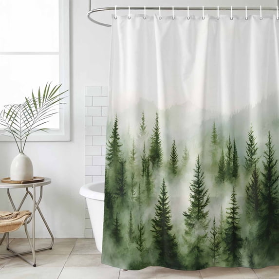 Green Mist Forest Waterproof Fabric Shower Curtain,Foggy Mountain Tree ...