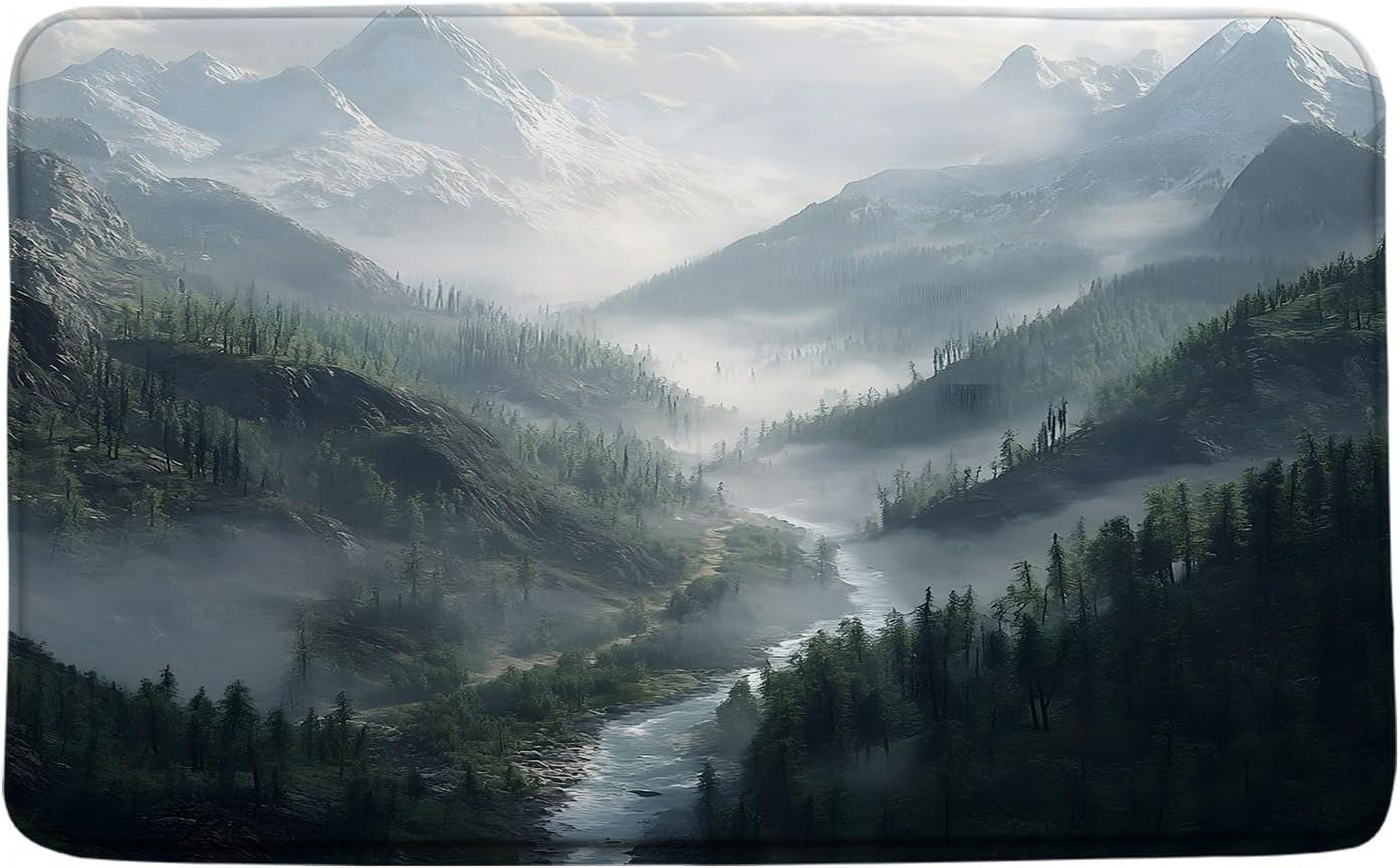 Green Misty Forest Bath Mat Mountain Lake Pine Trees Rustic Fog Nature ...