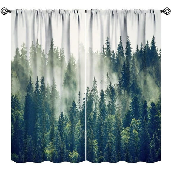 Green Misty Forest Curtains Nature Woodland Pine Tree Scenery for ...