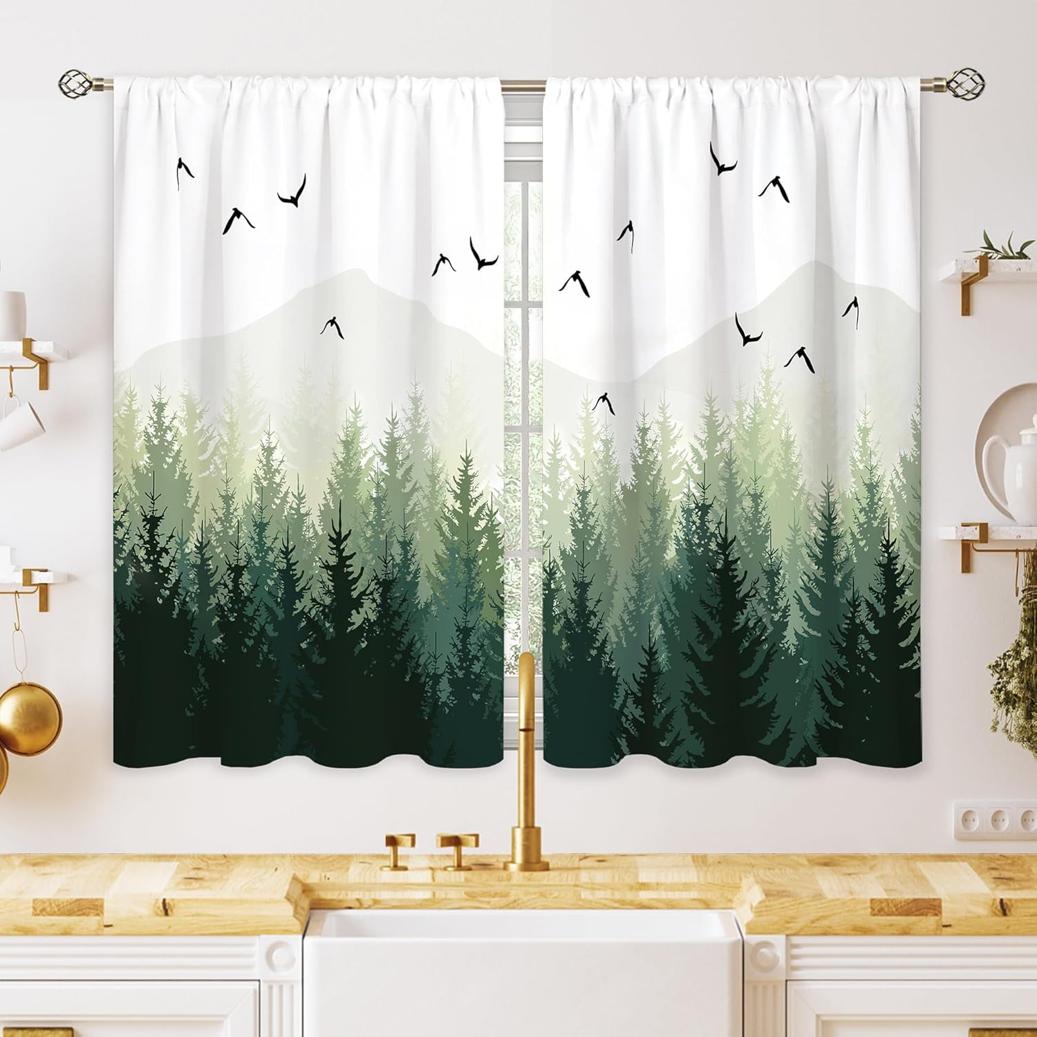 Green Misty Forest Small Kitchen Curtains Nature Window Treatment Tree ...