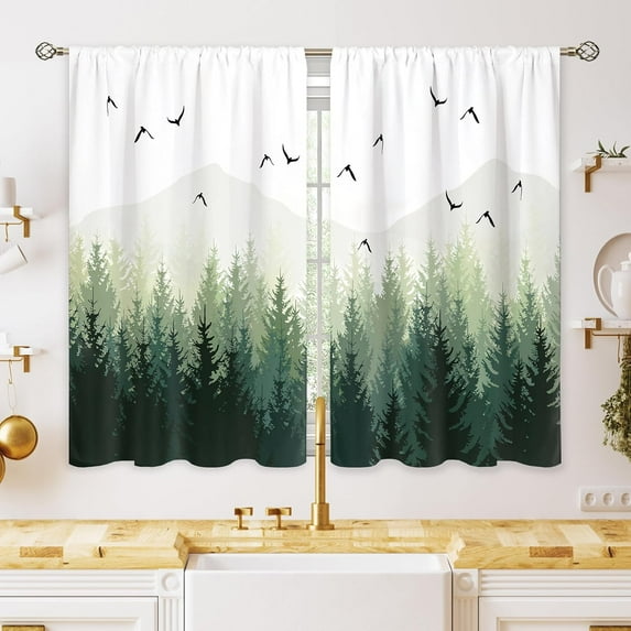 Green Misty Forest Small Kitchen Curtains Nature Window Treatment Tree ...