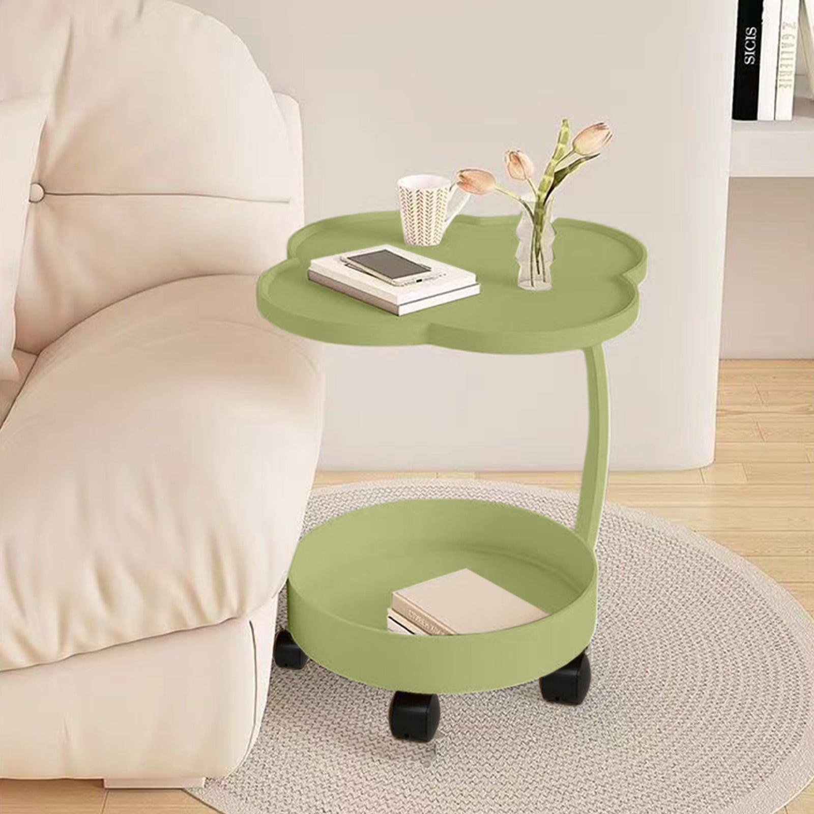 Green Mobile Side Table Four Leaf Design With Wheels Nesting Rolling Cart End Table Two Tier ...