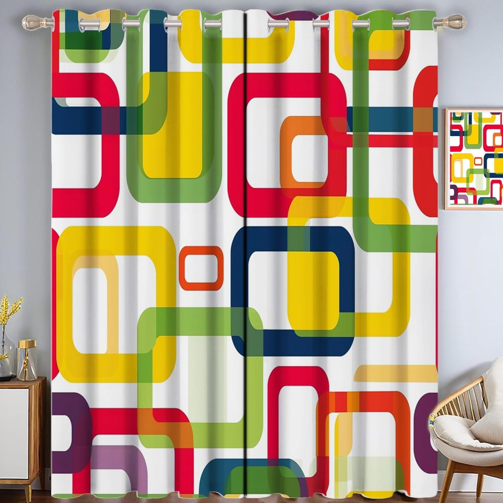 Green Modern Design Style Blackout Curtains 2 Panels Colorful Square ...