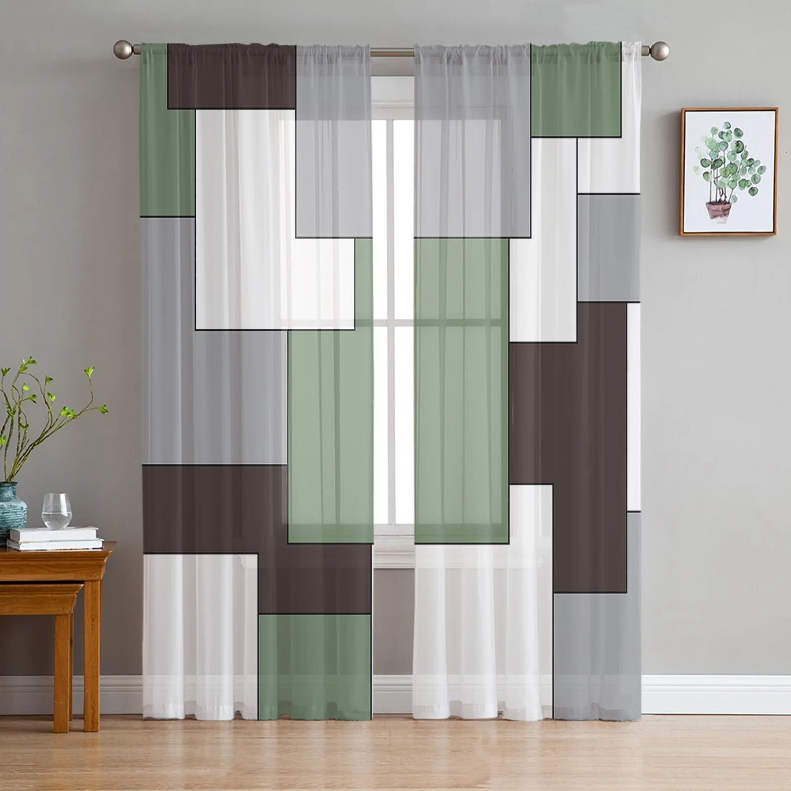Green Modern Geometric Mid Century Curtains For Living Room Transparent ...