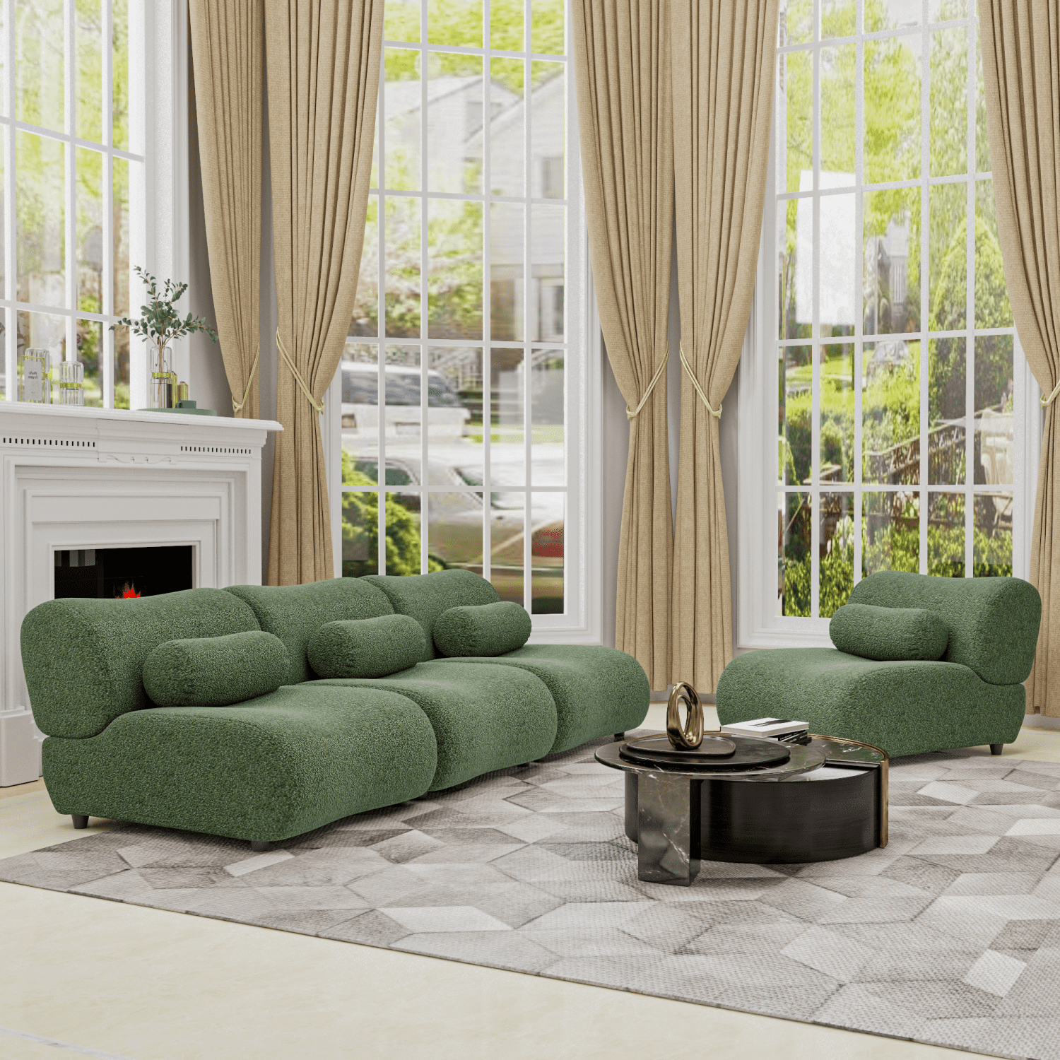 Green Modular Living Room Sofa – Stylish Chenille Fabric Sofa with 70-Degree Reclined Backrest ...