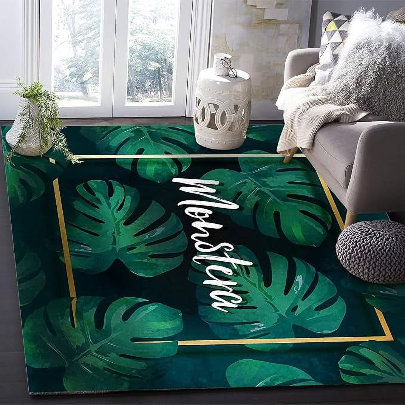 Green Monstera Leaves Area Rug, Tropical Botanical Foliage Rugs Floor ...