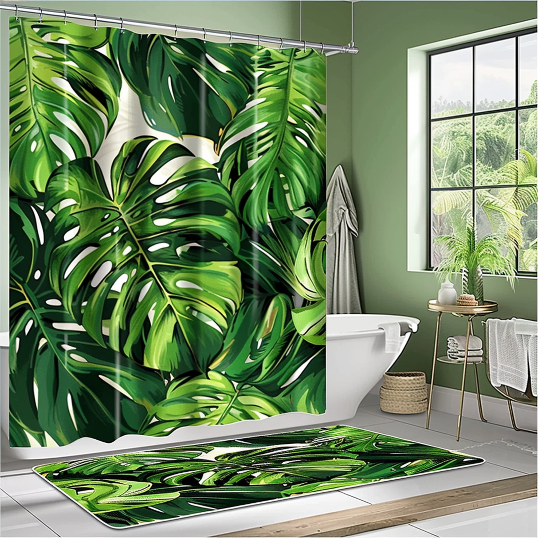 Green Monstera Leaves Tropical Rainforest Shower Curtain Hyper