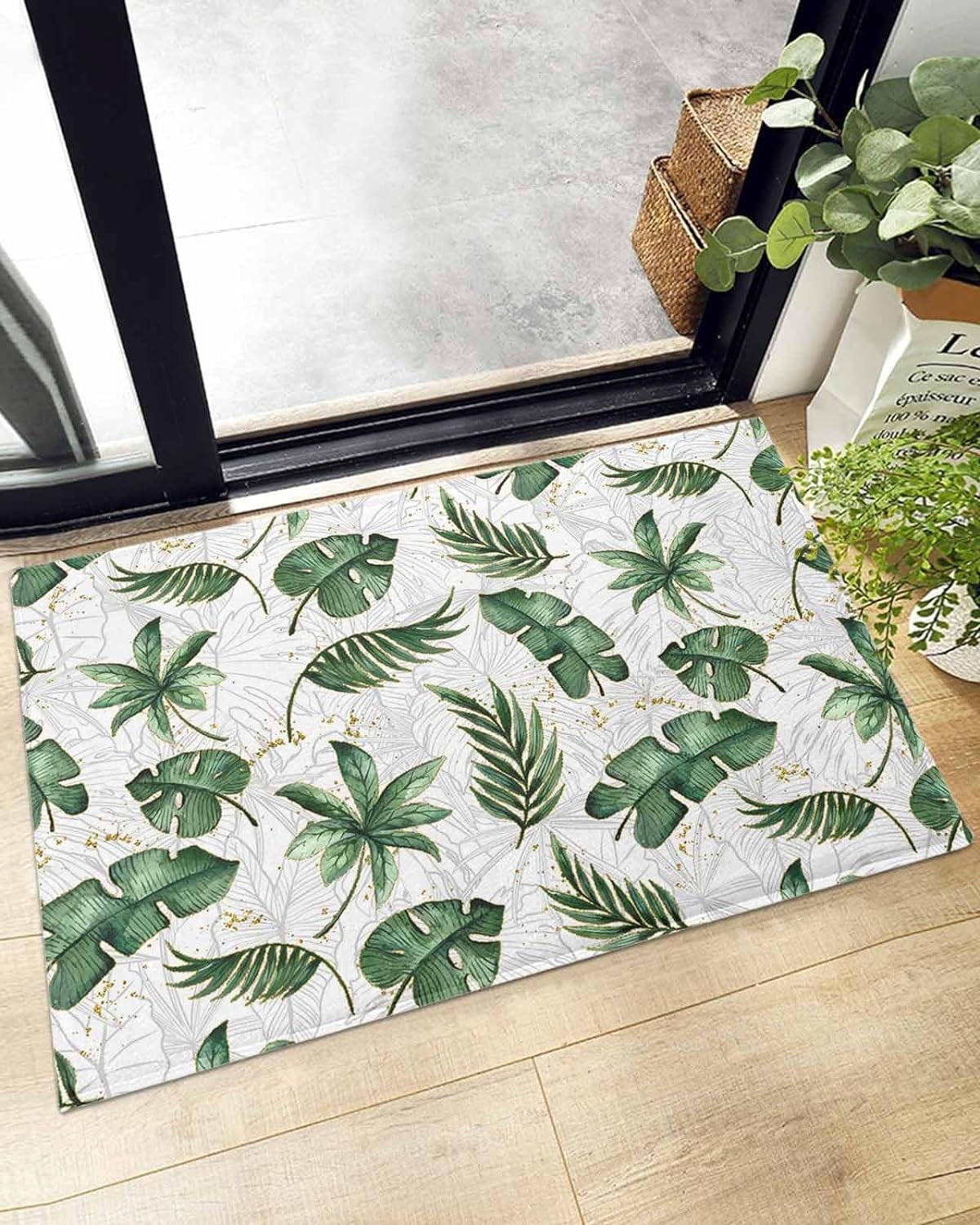 Green Monstera Palm Leaves Seamless Doormat Shaggy Plush Rug, Comfy ...
