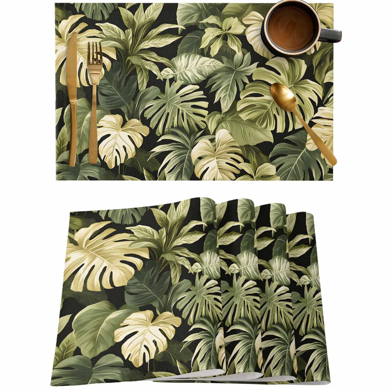 Green Monstera Tropical Plants Placemats Set of 4,Wipeable Washable Table Mats for Dining Tables ...
