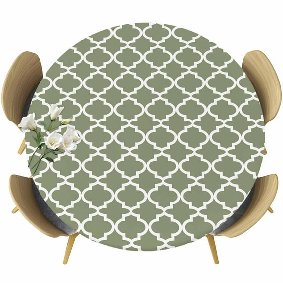 Green Morocco Table Cloth, Round Fitted Tablecloths with Elastic Edge ...