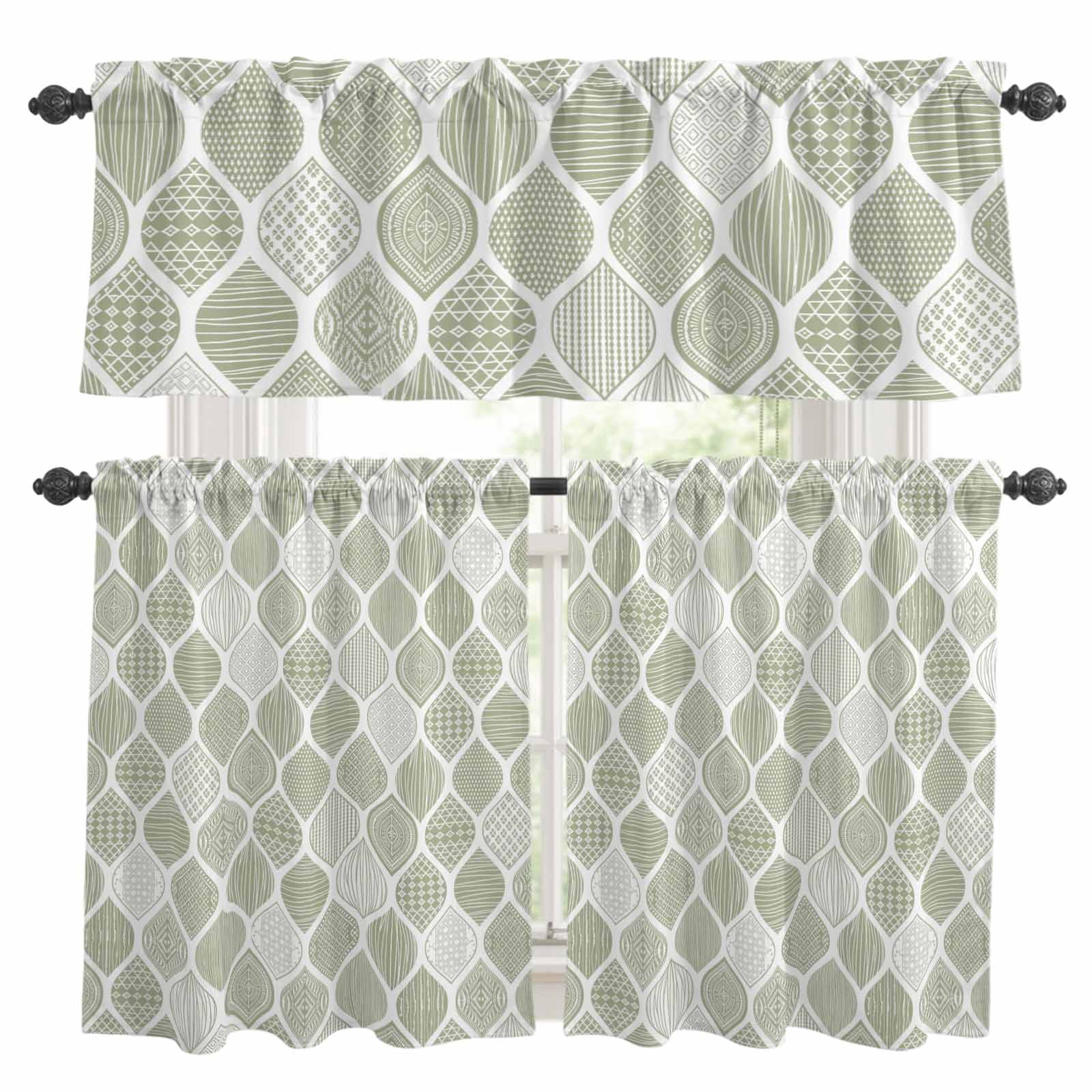 Green Morocco Textures Curtain Valances Set Striped Plaid Watercolors ...