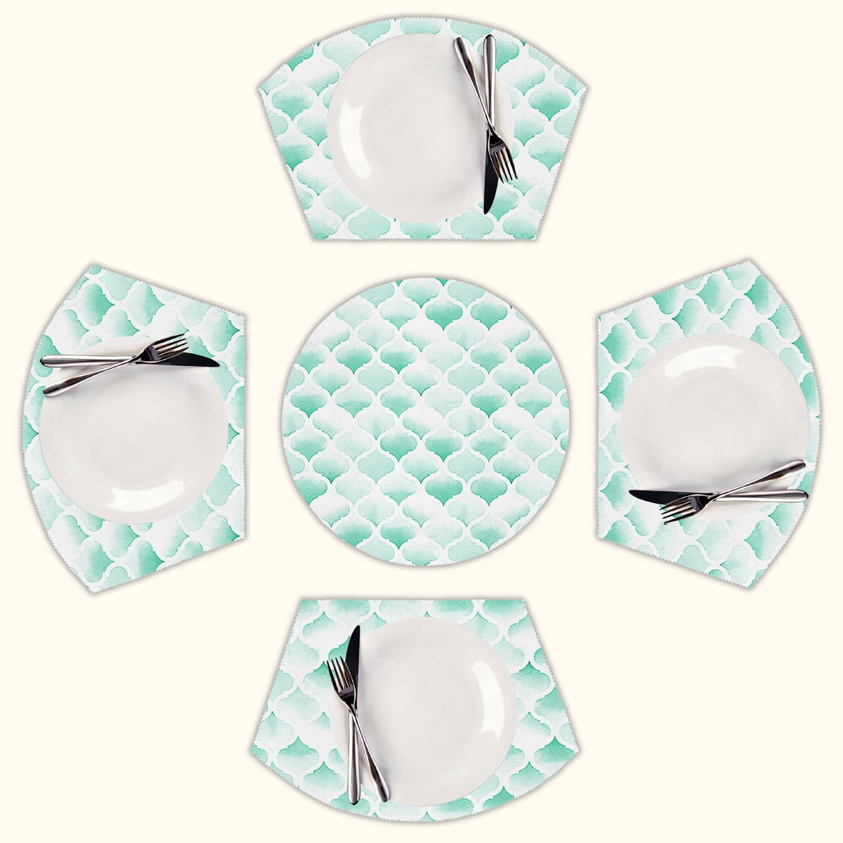 Green Morocco Watercolor Modern Geometric Art Round Table Placemats Set ...