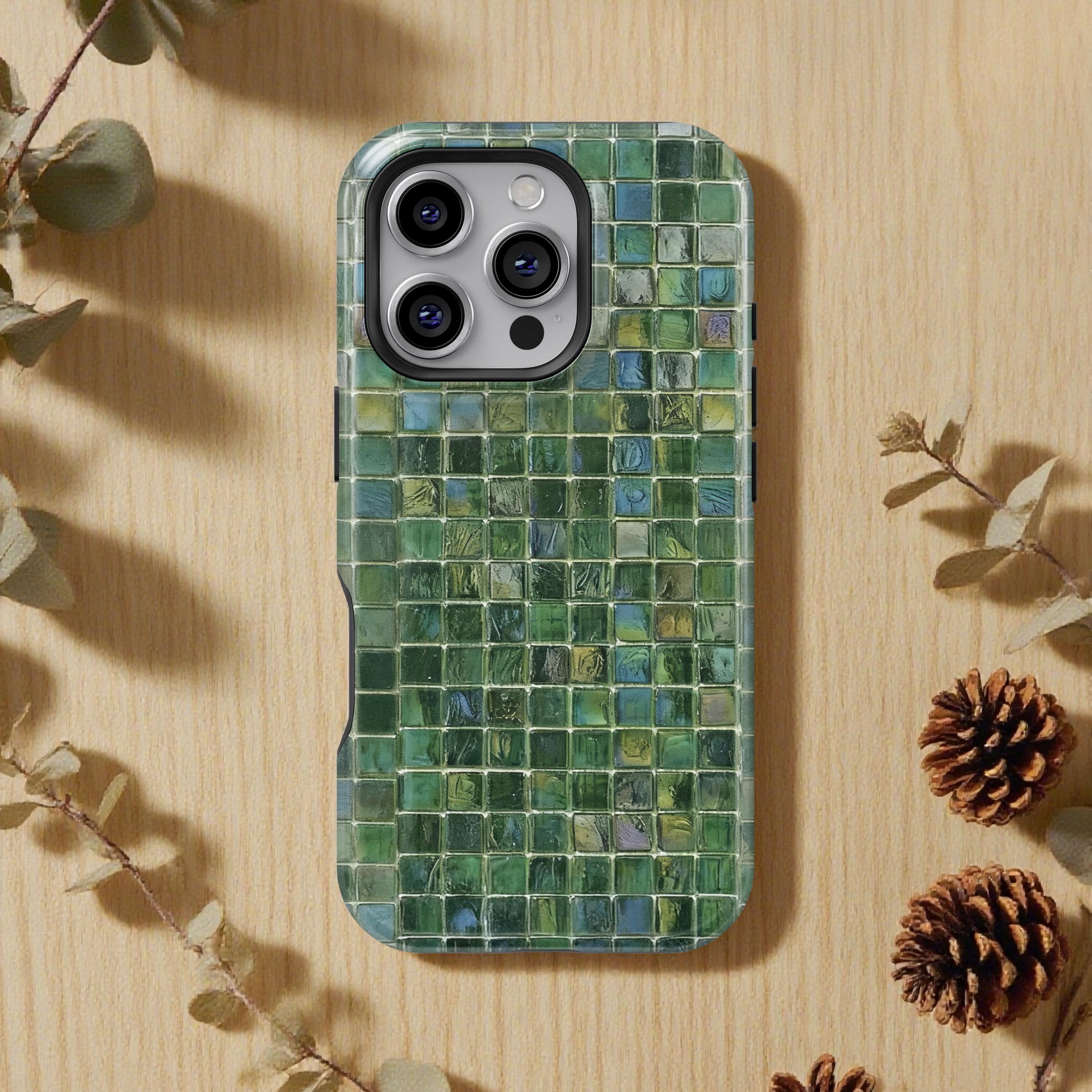 Green Mosaic Tile Retro Art Pattern Phone Case with iPhone 17 to 11 Pro ...