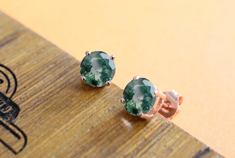 Green Moss Agate Round Stud Earrings yellow gold Over Sterling Silver ...