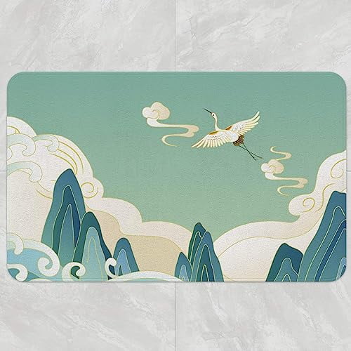 Green Mountain Crane Bath Mat Japanese Style for Bathroom Home Non-Slip ...