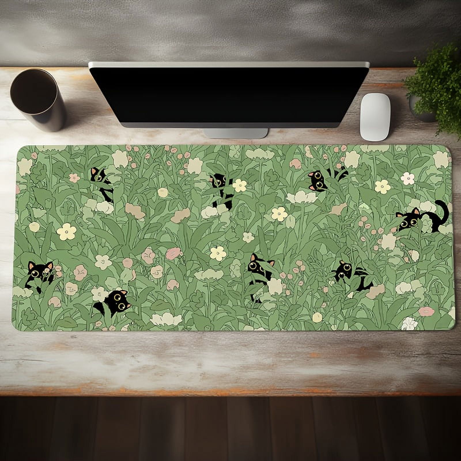 Green Mouse Pad Xl Cat Cute Plant Cool Mouse Keyboard Pad For Desk ...