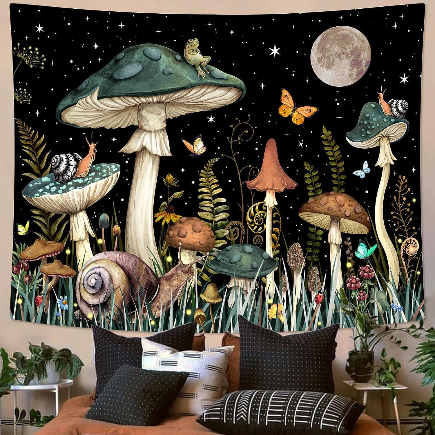 Green Mushroom Tapestry Moon Star Tapestries for Bedroom Aesthetic ...