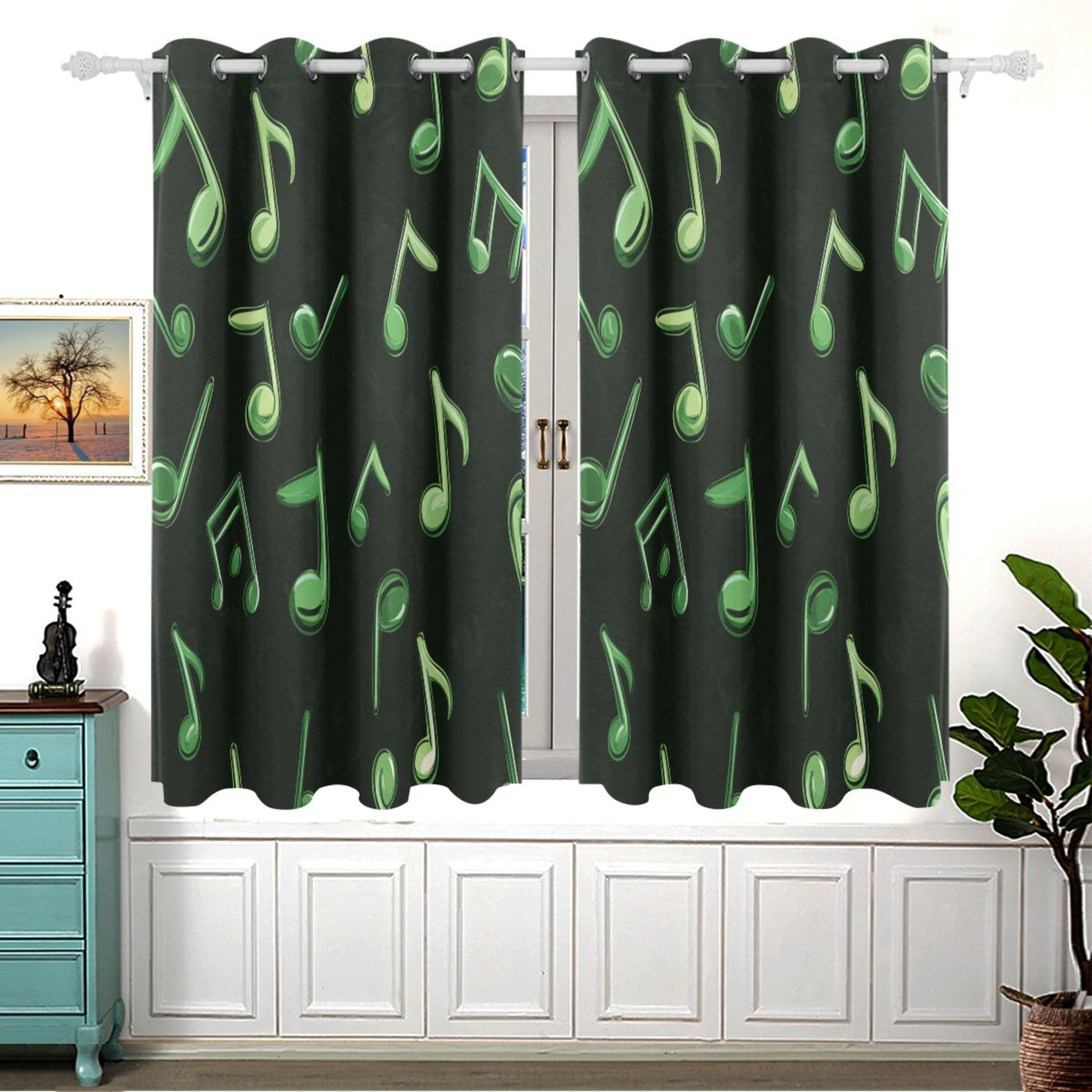 Green Music Notes Curtains Drapes with Grommets 2 Panels 54" x 55 ...