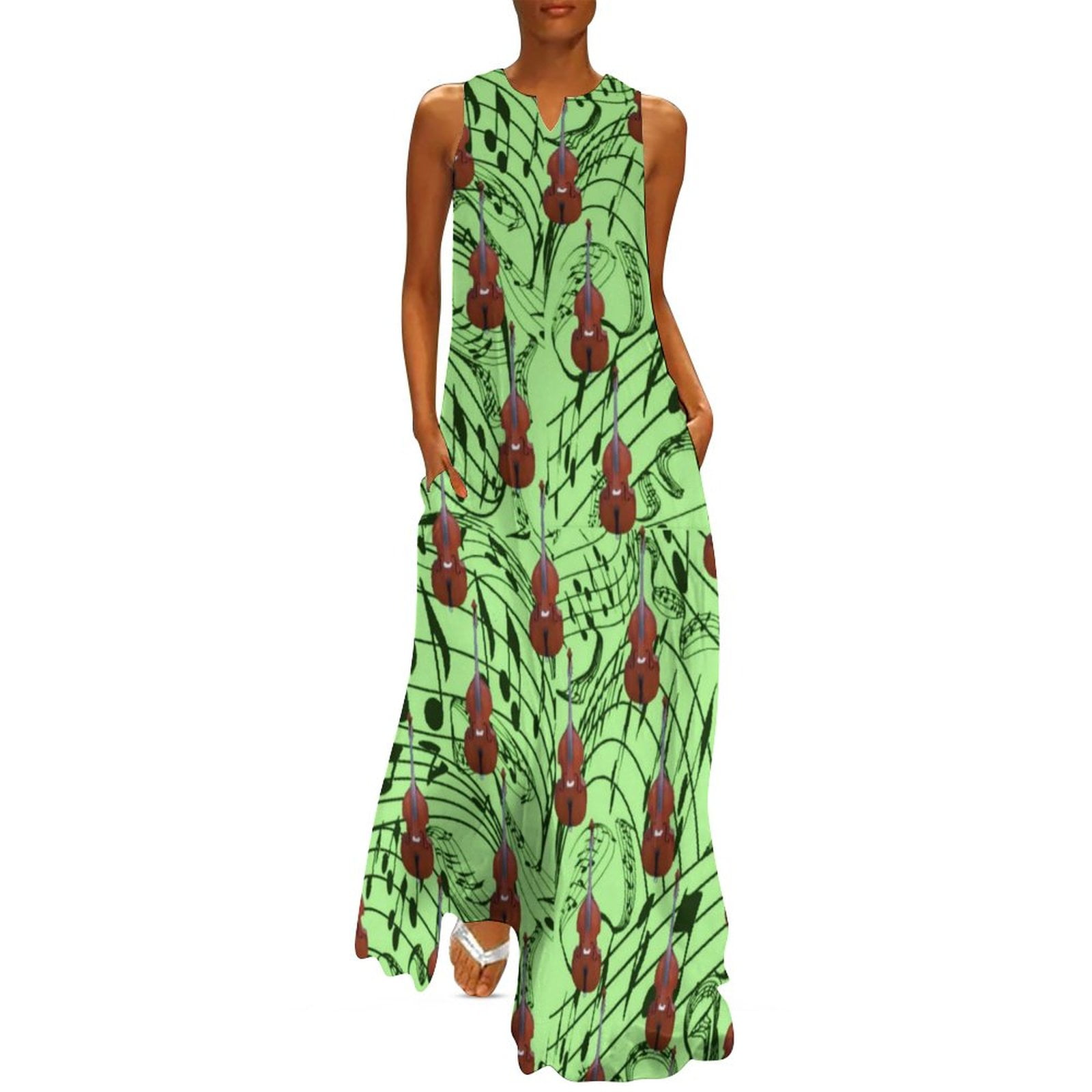 Green Music Notes Dress Summer Guitars Print Aesthetic Casual Long ...
