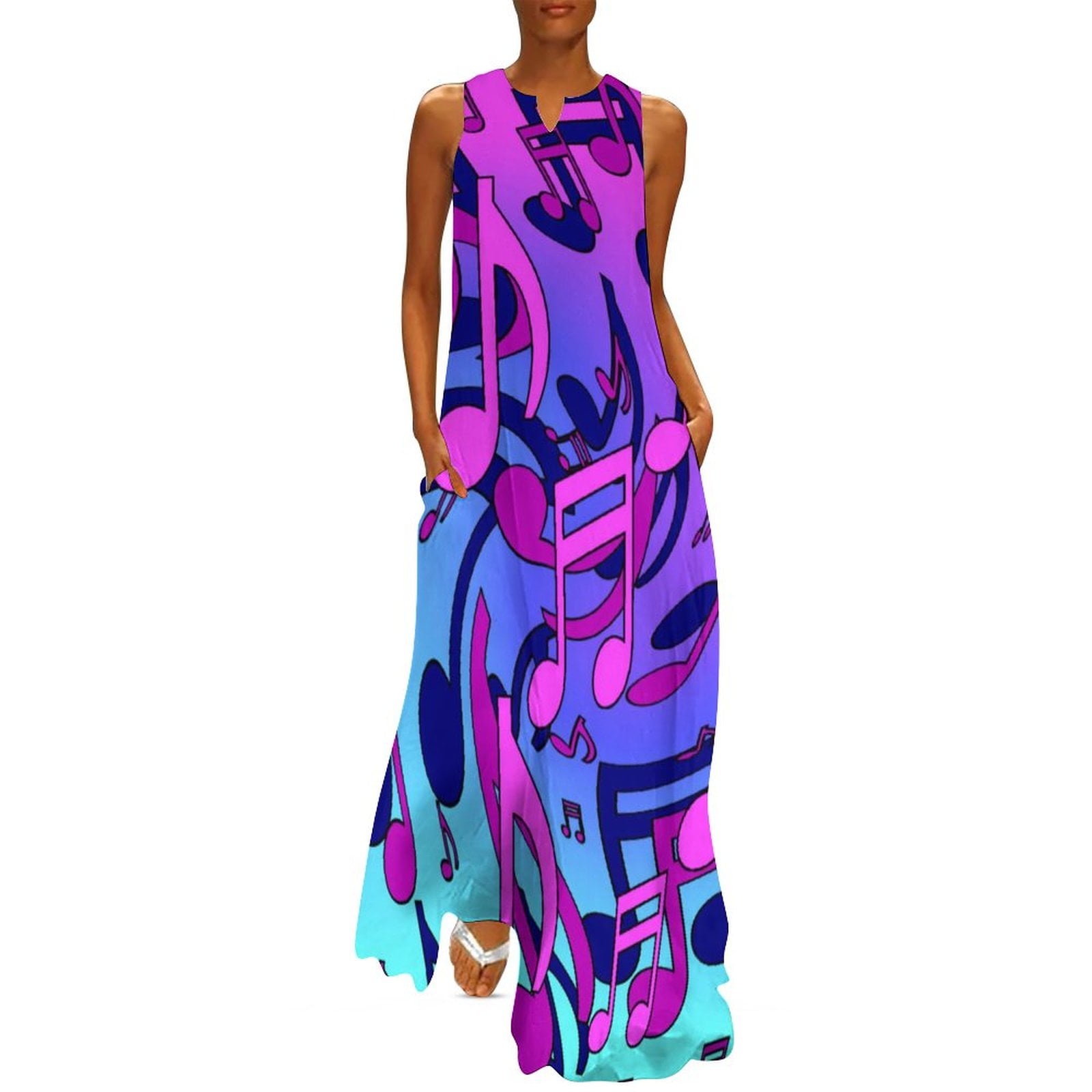 Green Music Notes Dress Summer Guitars Print Aesthetic Casual Long ...