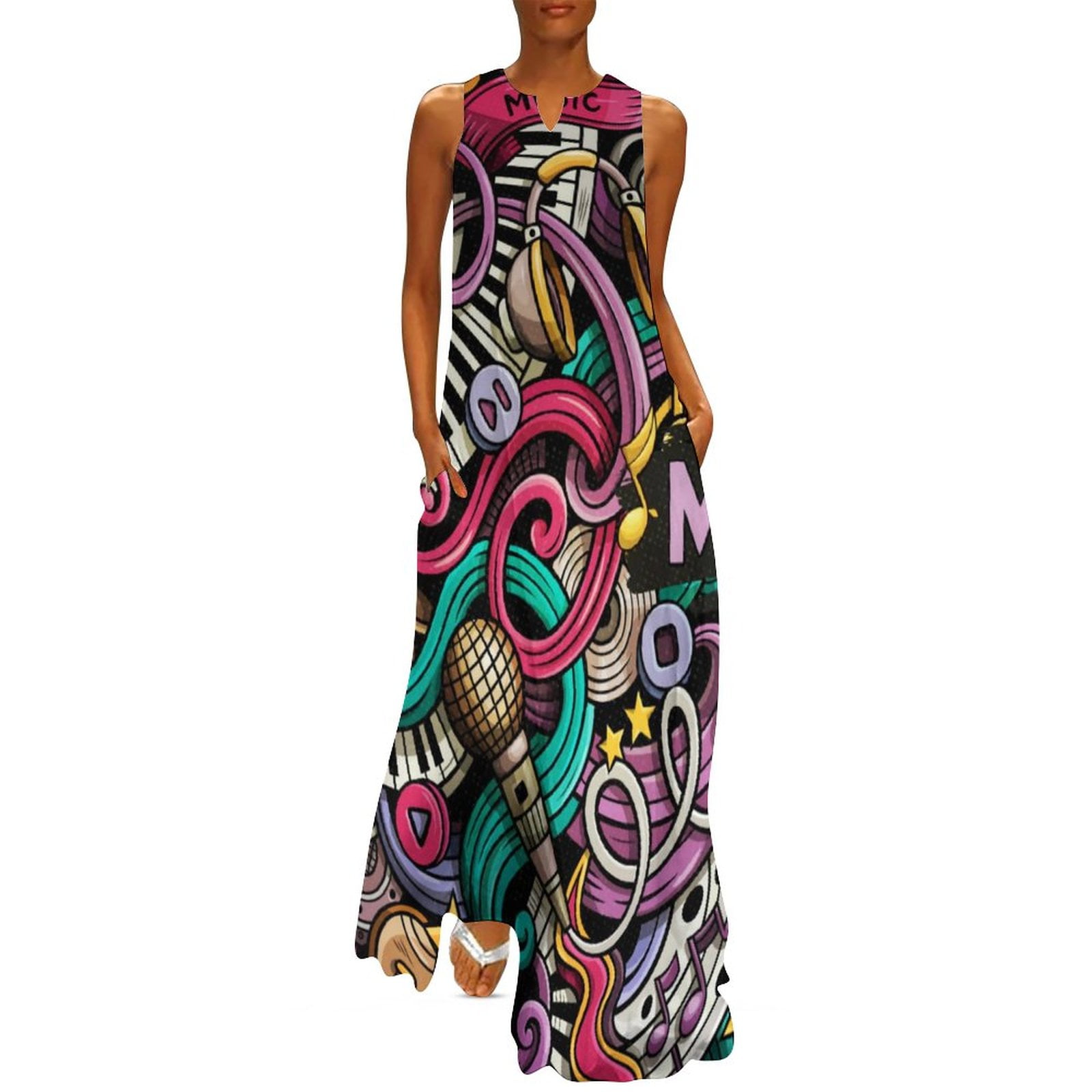 Green Music Notes Dress Summer Guitars Print Aesthetic Casual Long ...