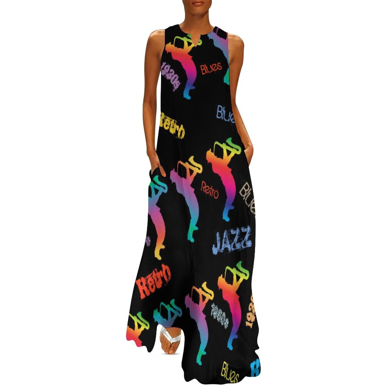 Green Music Notes Dress Summer Guitars Print Aesthetic Casual Long ...