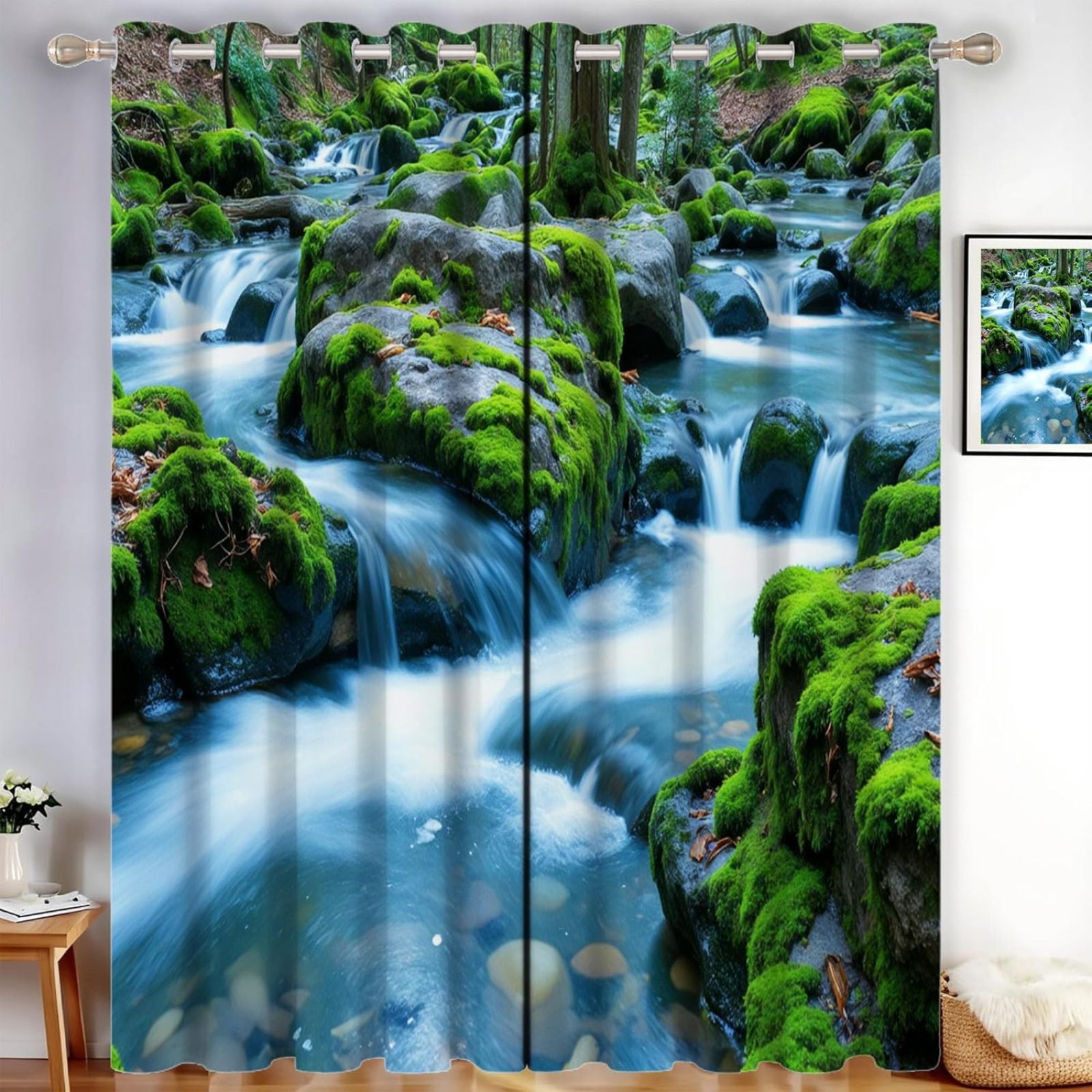 Green Natural Stream Landscape Blackout Curtains 2 Panels Moss Rocks ...
