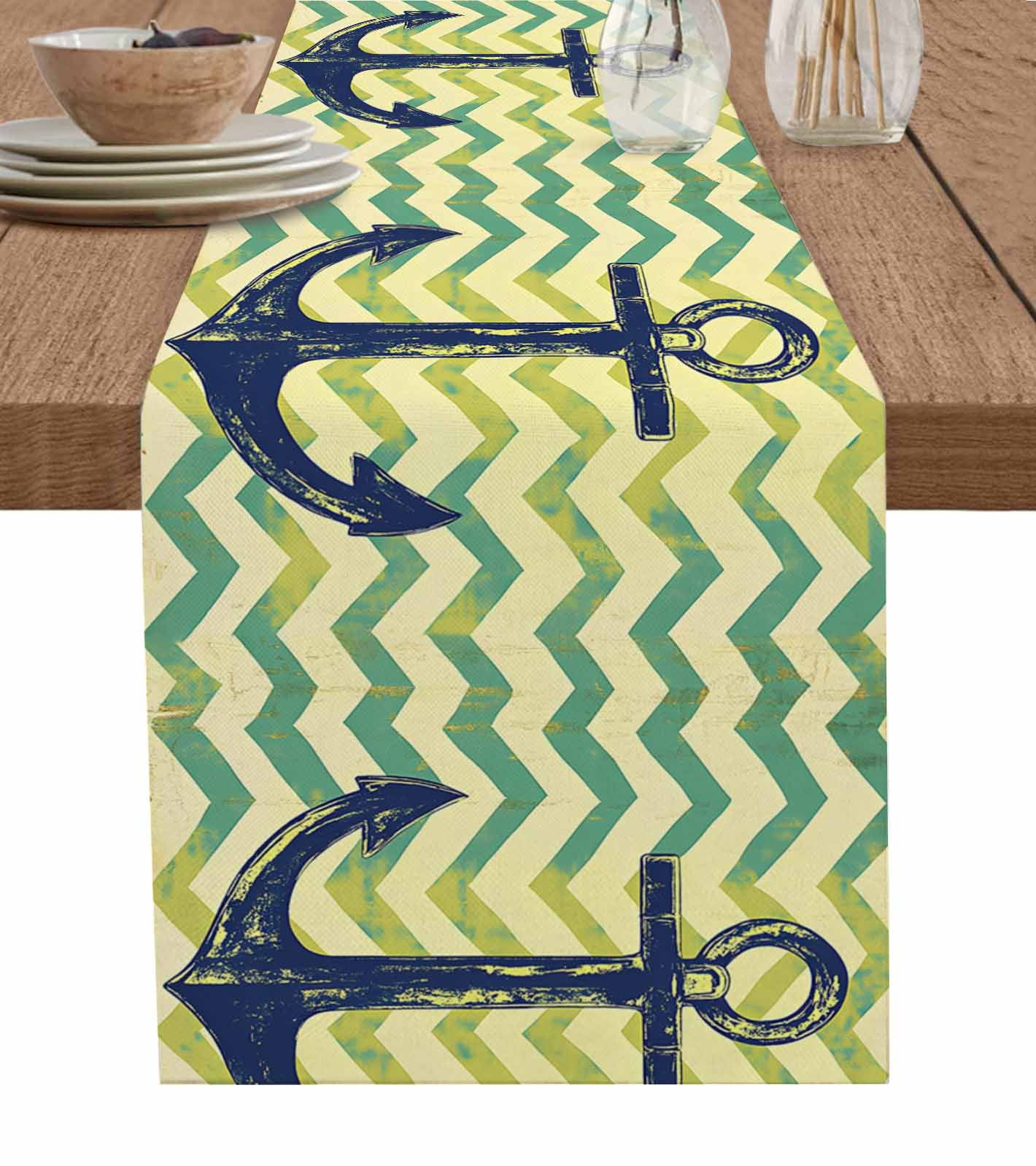 Green Nautical Anchor Table Runner 72 Inches, Vintage Ombre Zigzag ...